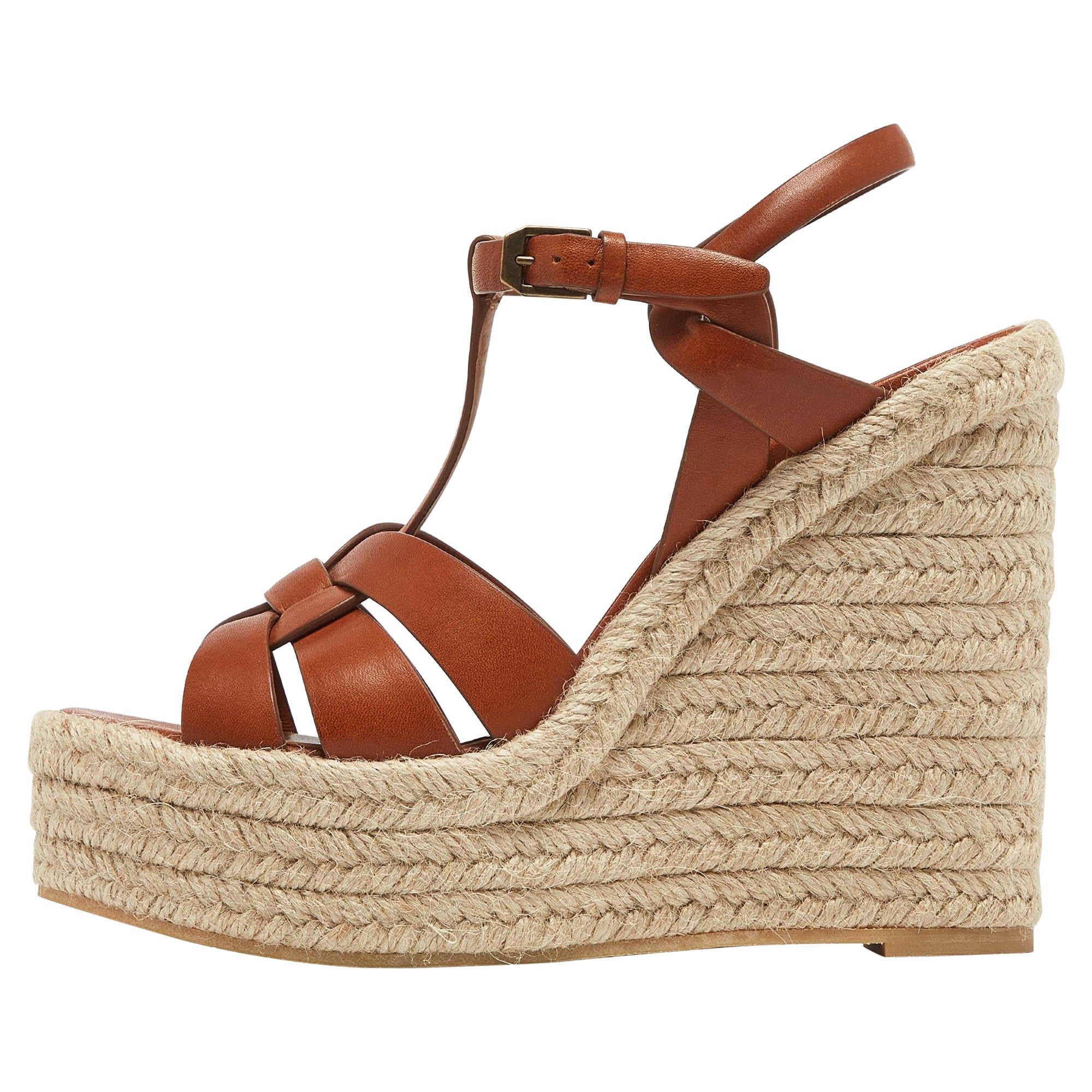 Yves Saint Laurent Brown Leather Tribute Wedge Sandals Size 39.5 For ...