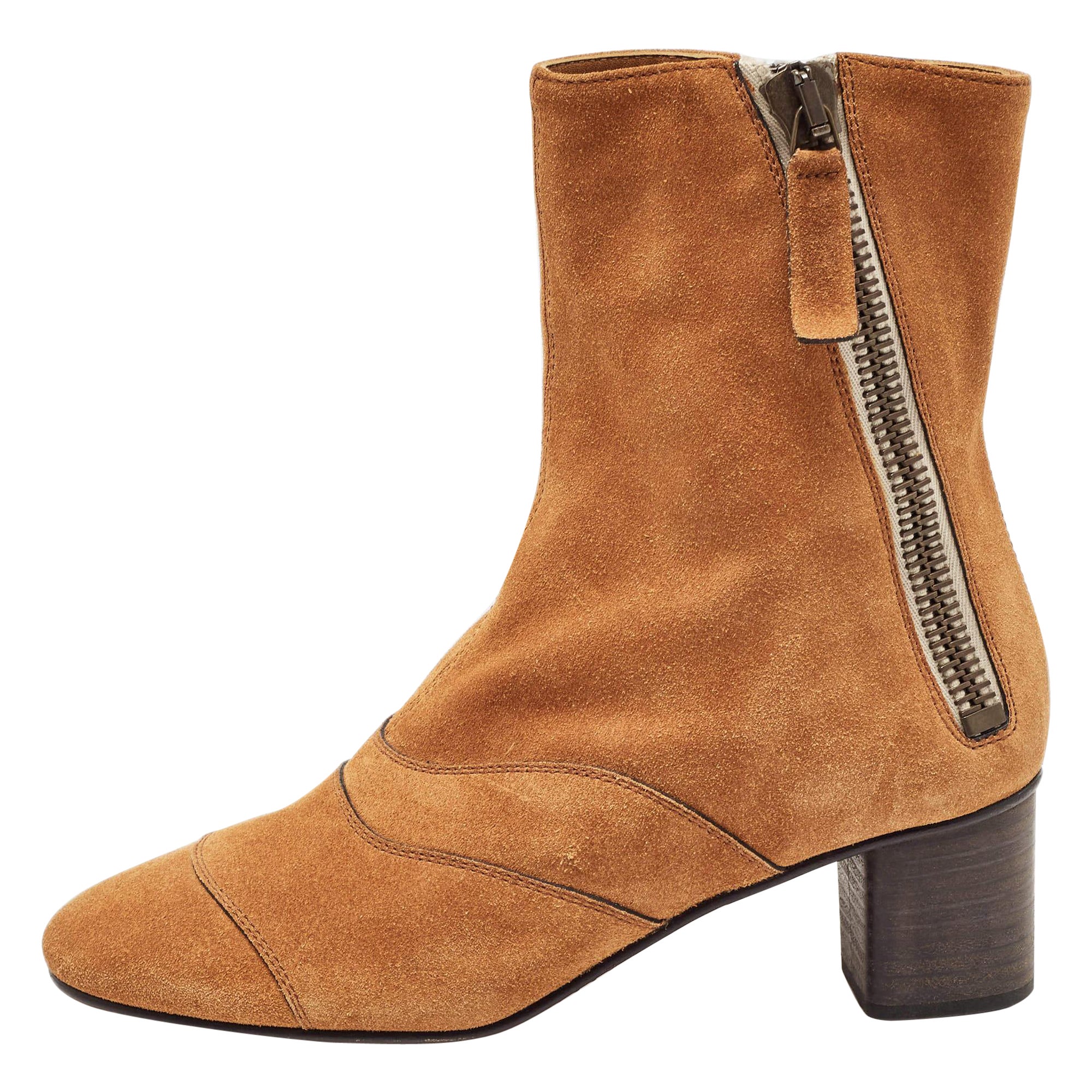 Chloe Brown Suede Block Heel Ankle Boots Size 37.5 For Sale at 1stDibs