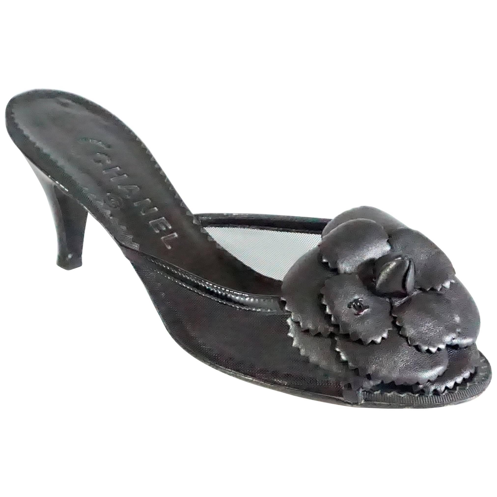 Chanel Black Mesh Slides with Leather Camellia – 36 For Sale at 1stDibs ...