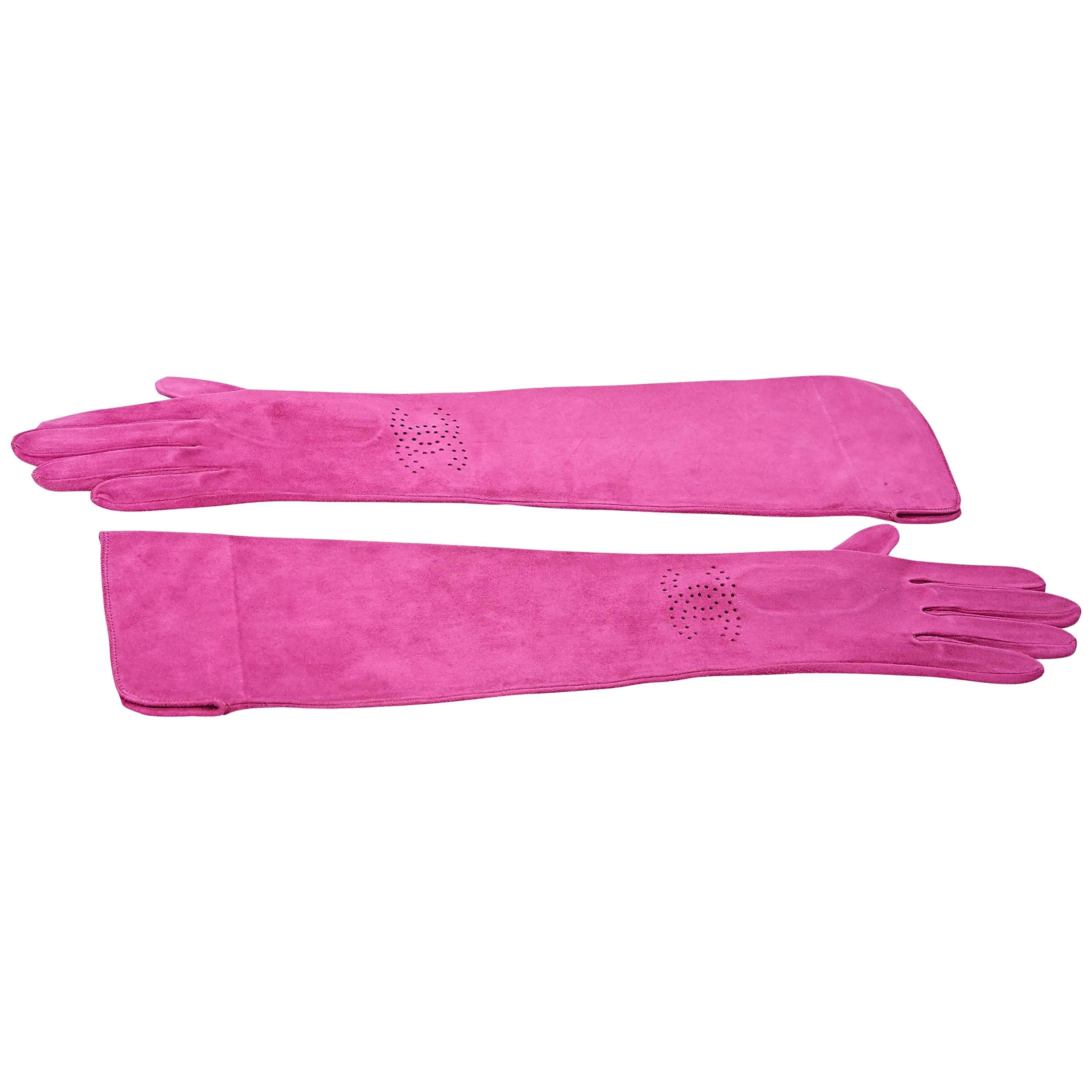 Magenta Chanel Long Suede Gloves For Sale at 1stDibs