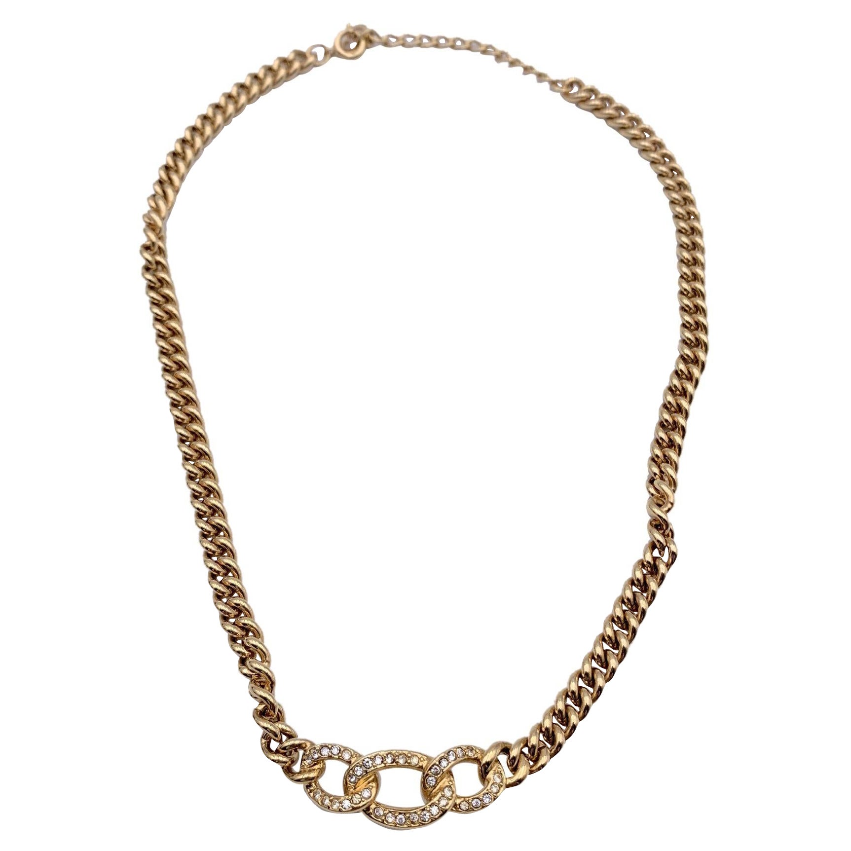 Christian Dior Vintage Gold Metal Chain Link Crystal Necklace For Sale ...
