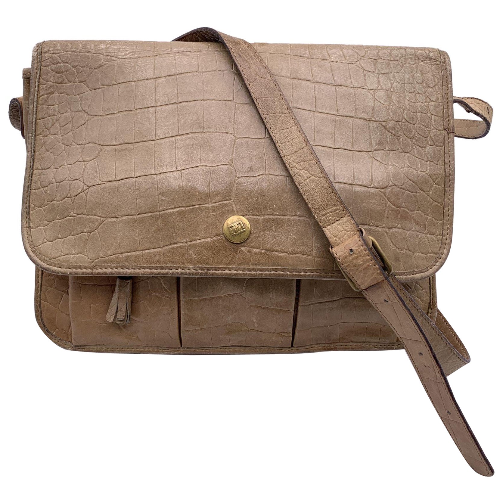 Fendi Vintage Beige Embossed Leather Messenger Shoulder Bag For Sale at ...