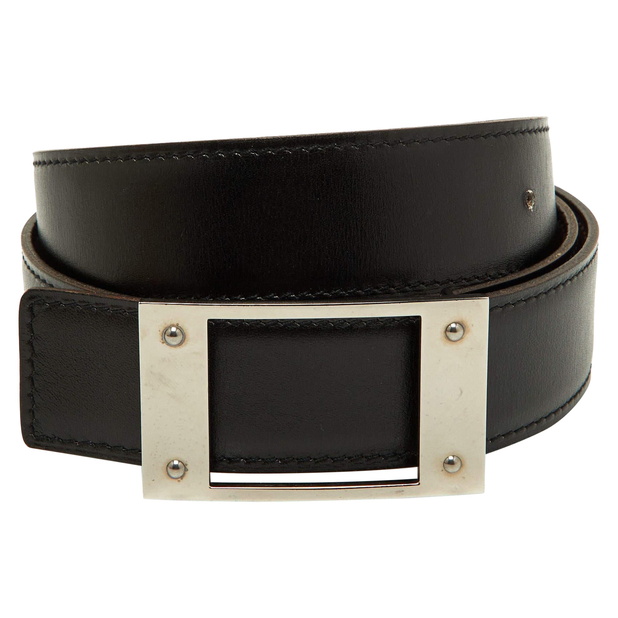Hermes Black/Chocolat Box and Togo Leather Buckle Reversible Belt 85CM ...