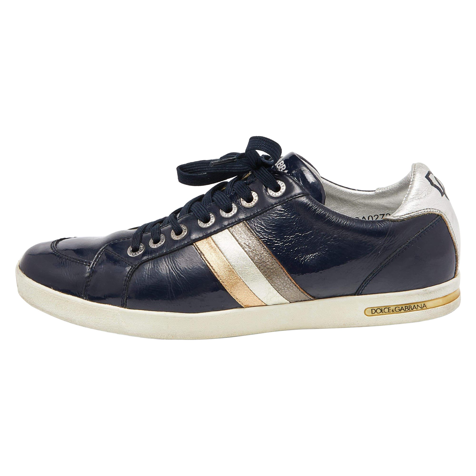 Dolce and Gabbana Navy Blue/Silver Patent Leather Low Top Sneakers Size ...