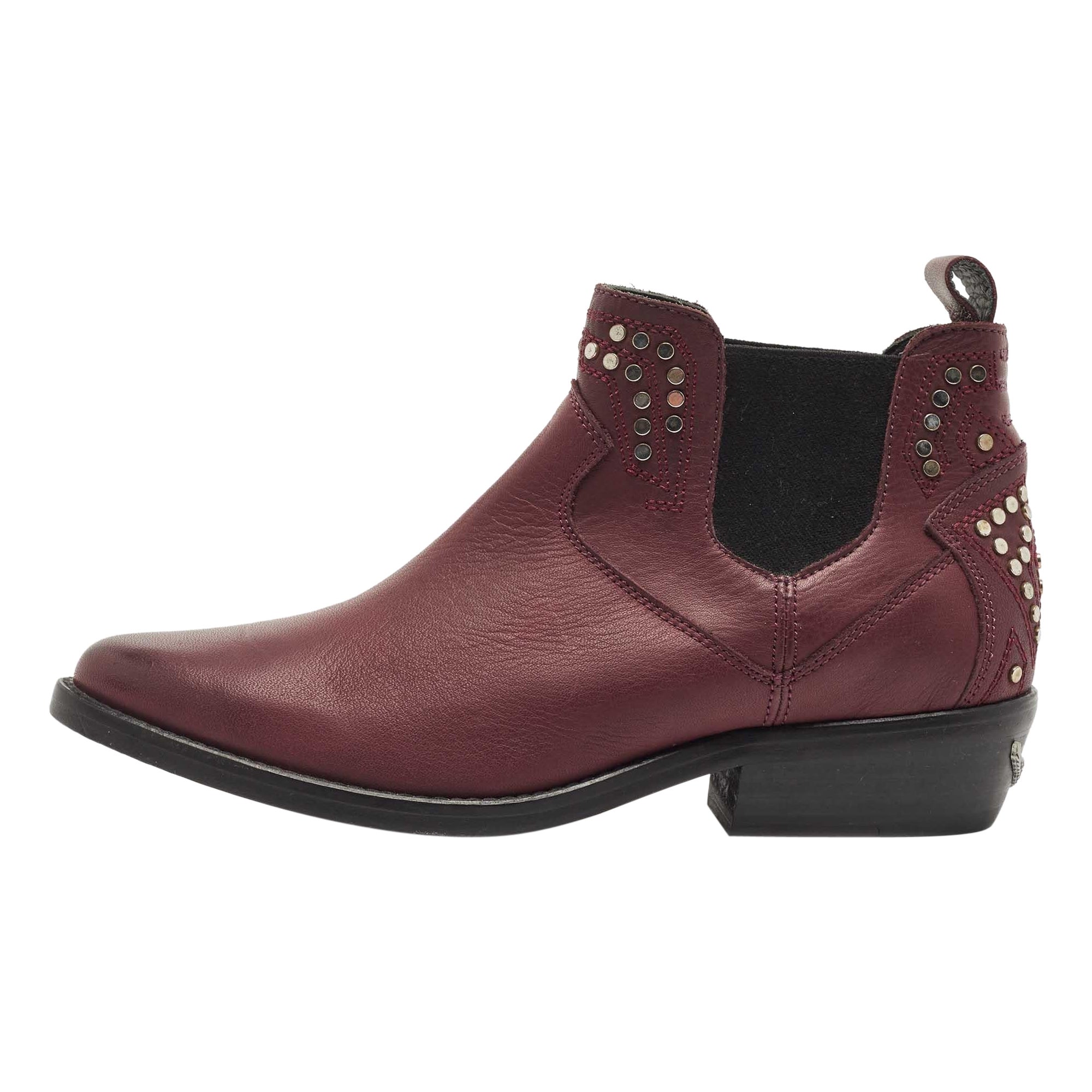 Zadig and Voltaire Burgundy Leather Thylana Studded Ankle Booties Size ...