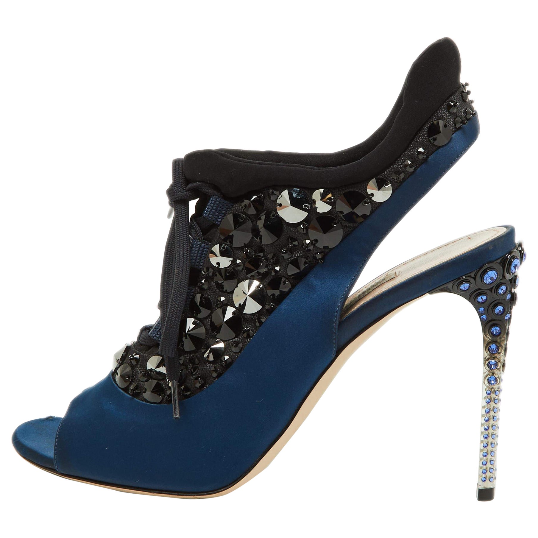 Miu Miu Navy Blue/Black Satin and Fabric Embellished Cutout Booties ...