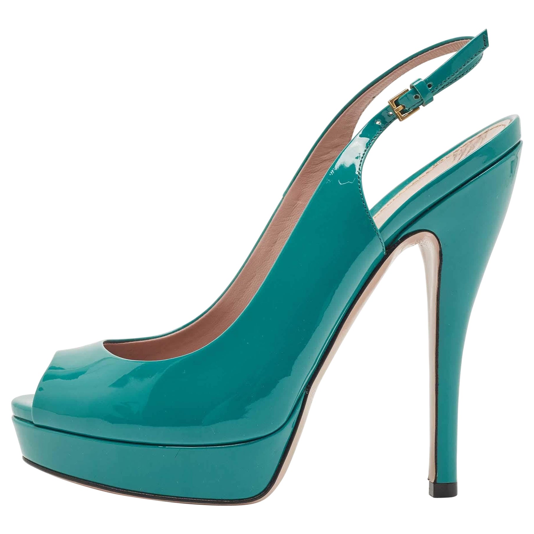 Gucci Teal Patent Leather Peep Toe Platform Slingback Pumps Size 37 For ...