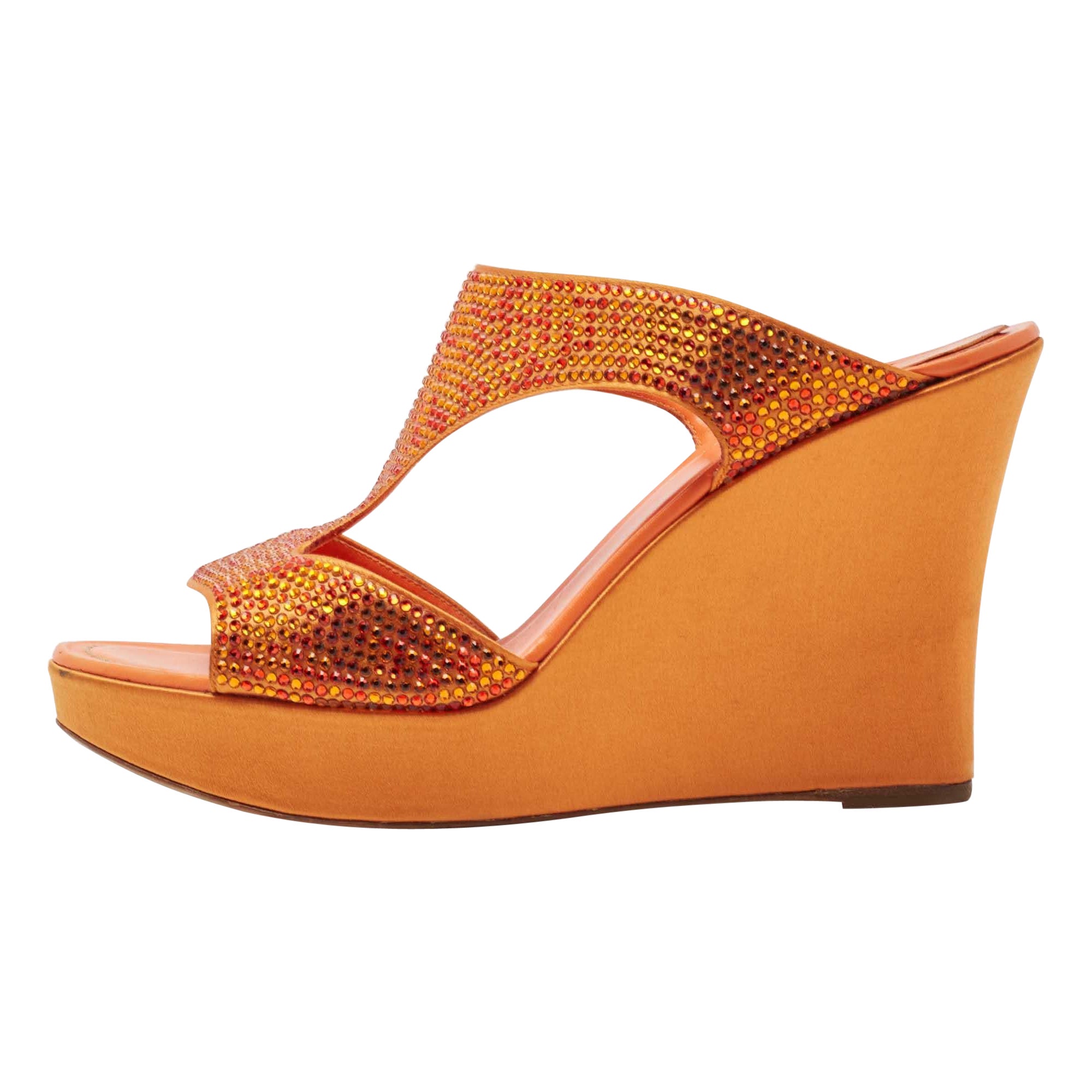René Caovilla Orange Satin Crystal Embellished Wedge Slides Size 41 For ...