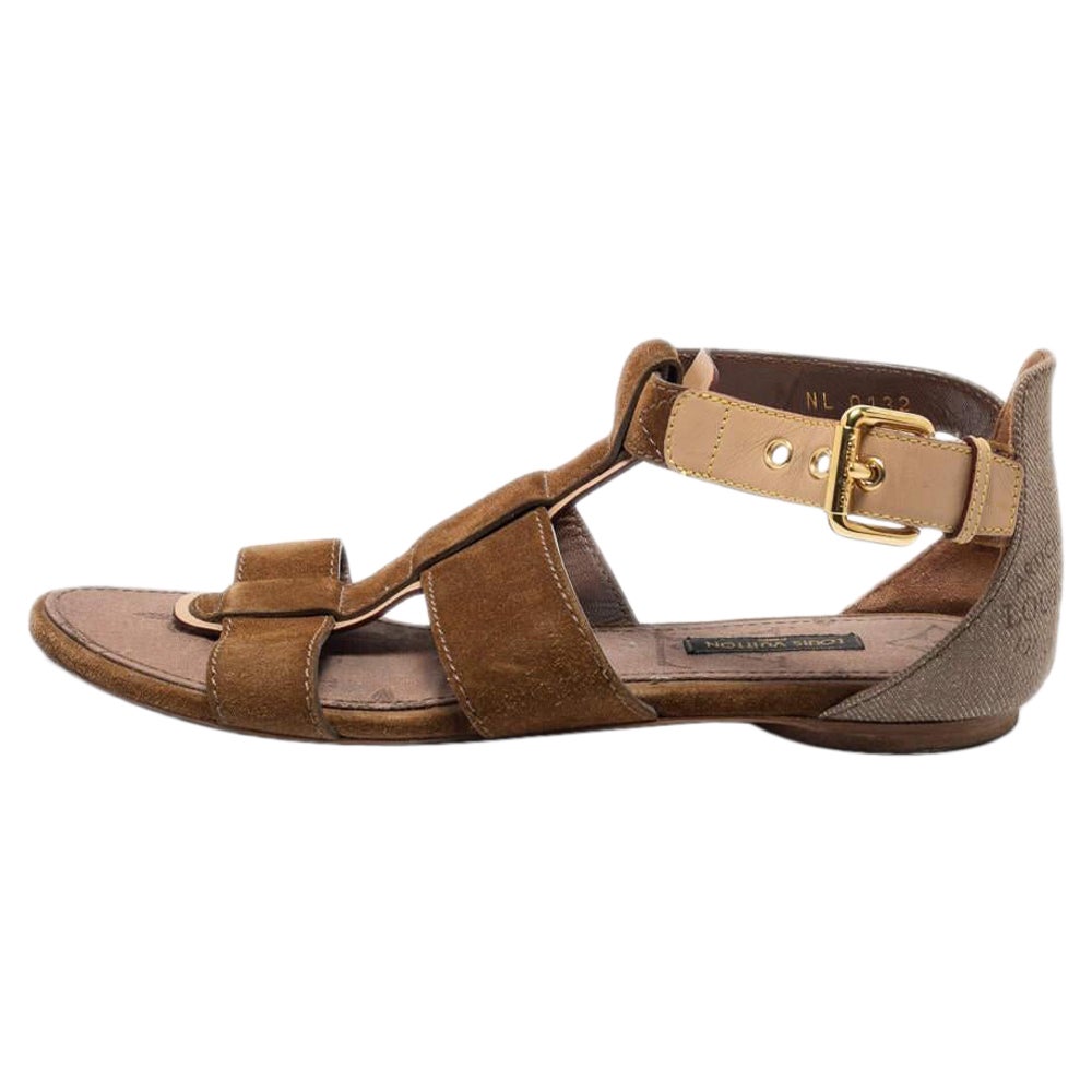 Louis Vuitton Brown Suede and Canvas Flat Sandals Size 37 For Sale at ...