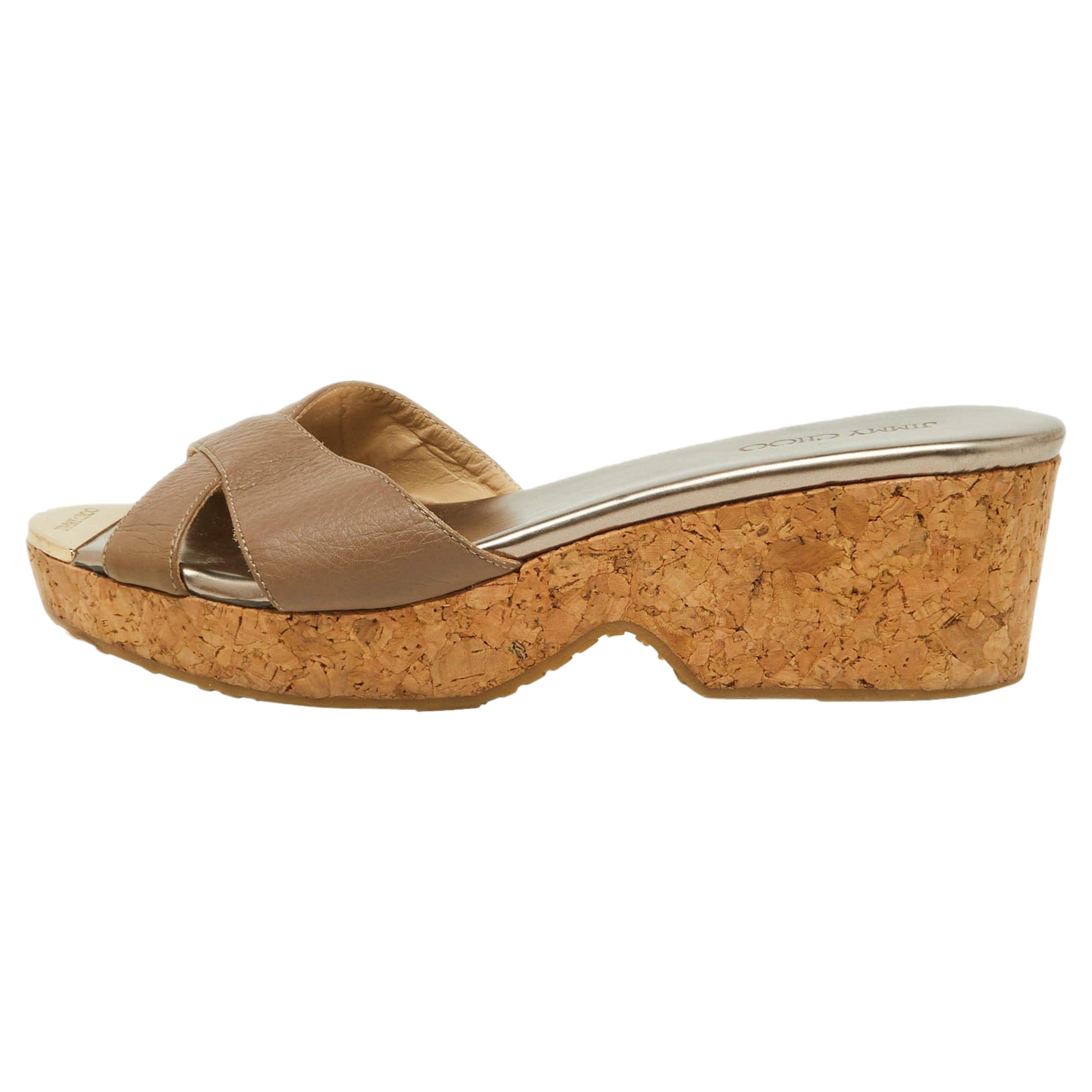 Jimmy Choo Brown Leather and Cork Prima Wedge Sandals Size 38.5 For ...