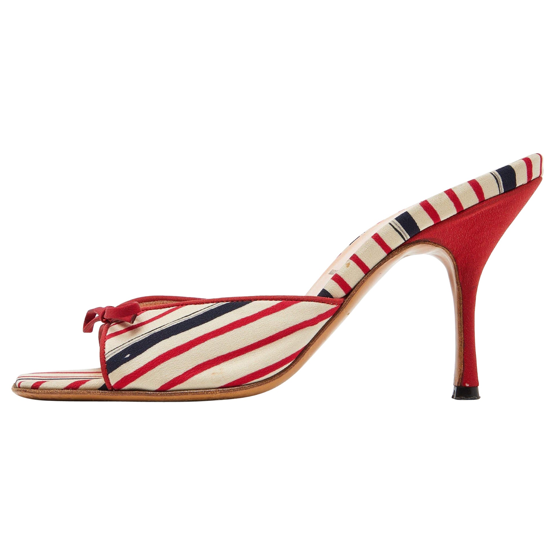 Prada Tri Color Stripe Fabric Bow Slide Sandals Size 35 For Sale at 1stDibs
