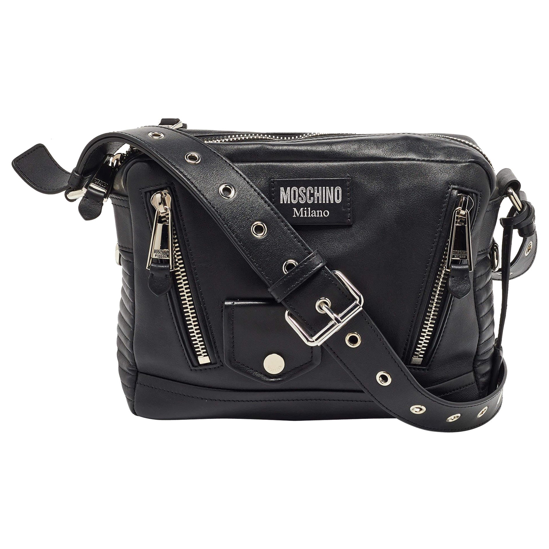 Moschino Black Leather Multi Zip Shoulder Bag For Sale at 1stDibs
