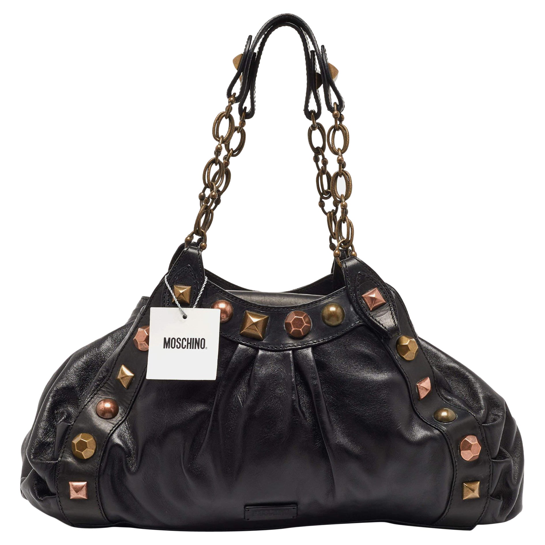 Moschino Black Leather Embellished Chain Link Satchel For Sale at 1stDibs