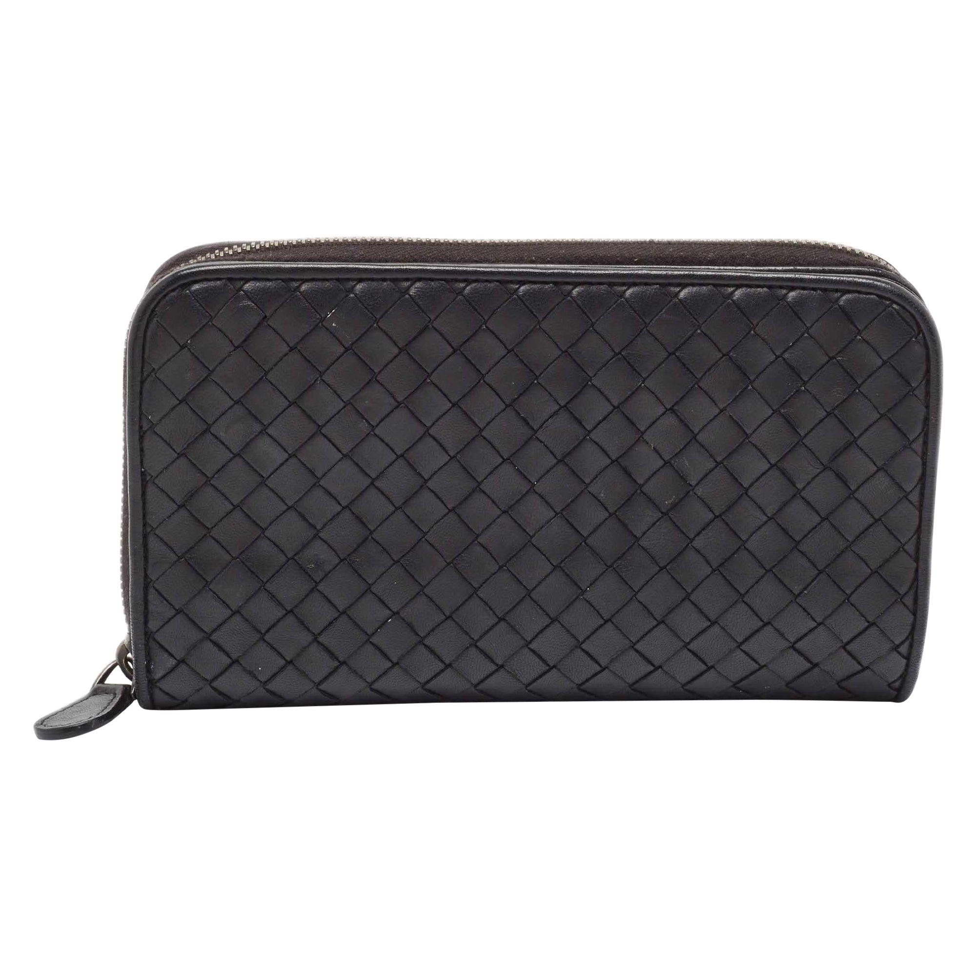 Bottega Veneta Black Intrecciato Leather Zip Around Wallet For Sale at ...