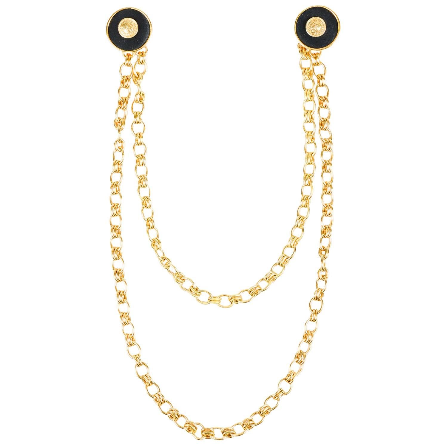 Vintage Chanel Gold Tone Black Satin Double Coco Medallion Chain Dangle ...