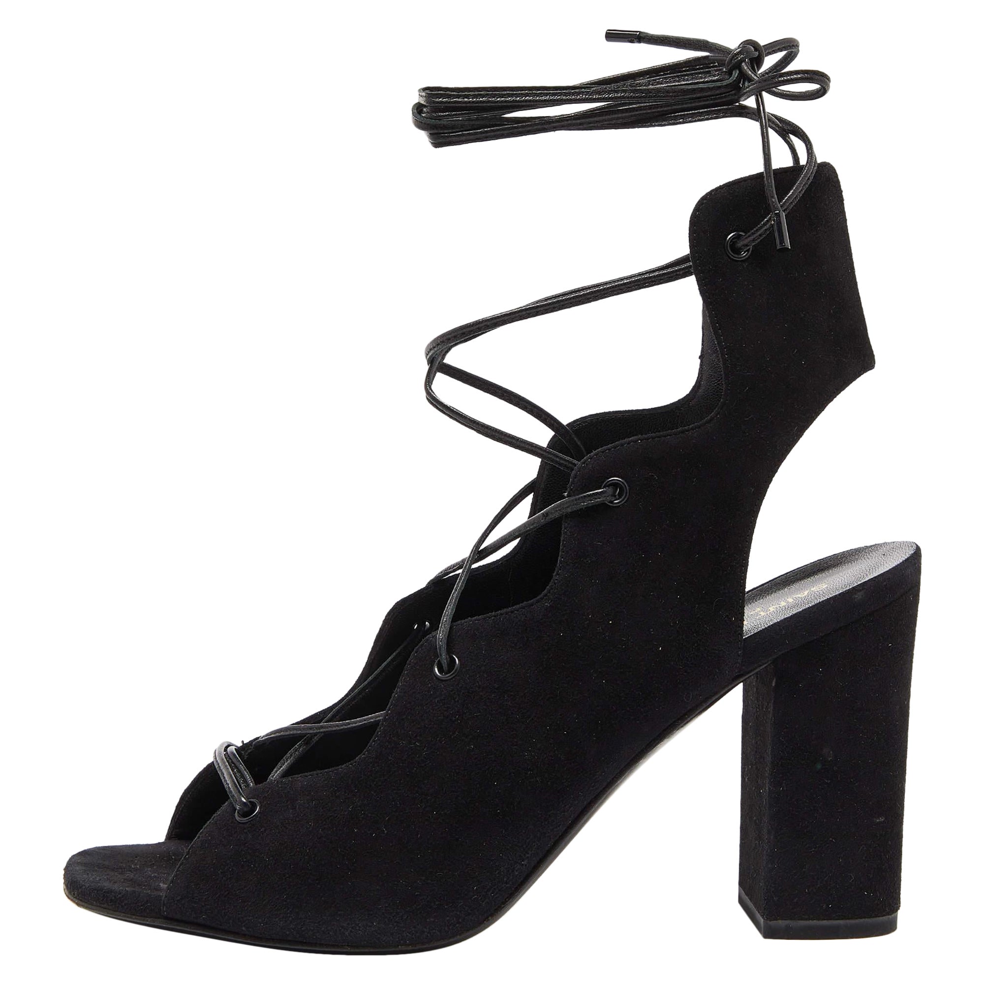 Saint Laurent Black Suede Lace Up Block Heel Sandals Size 38 For Sale ...