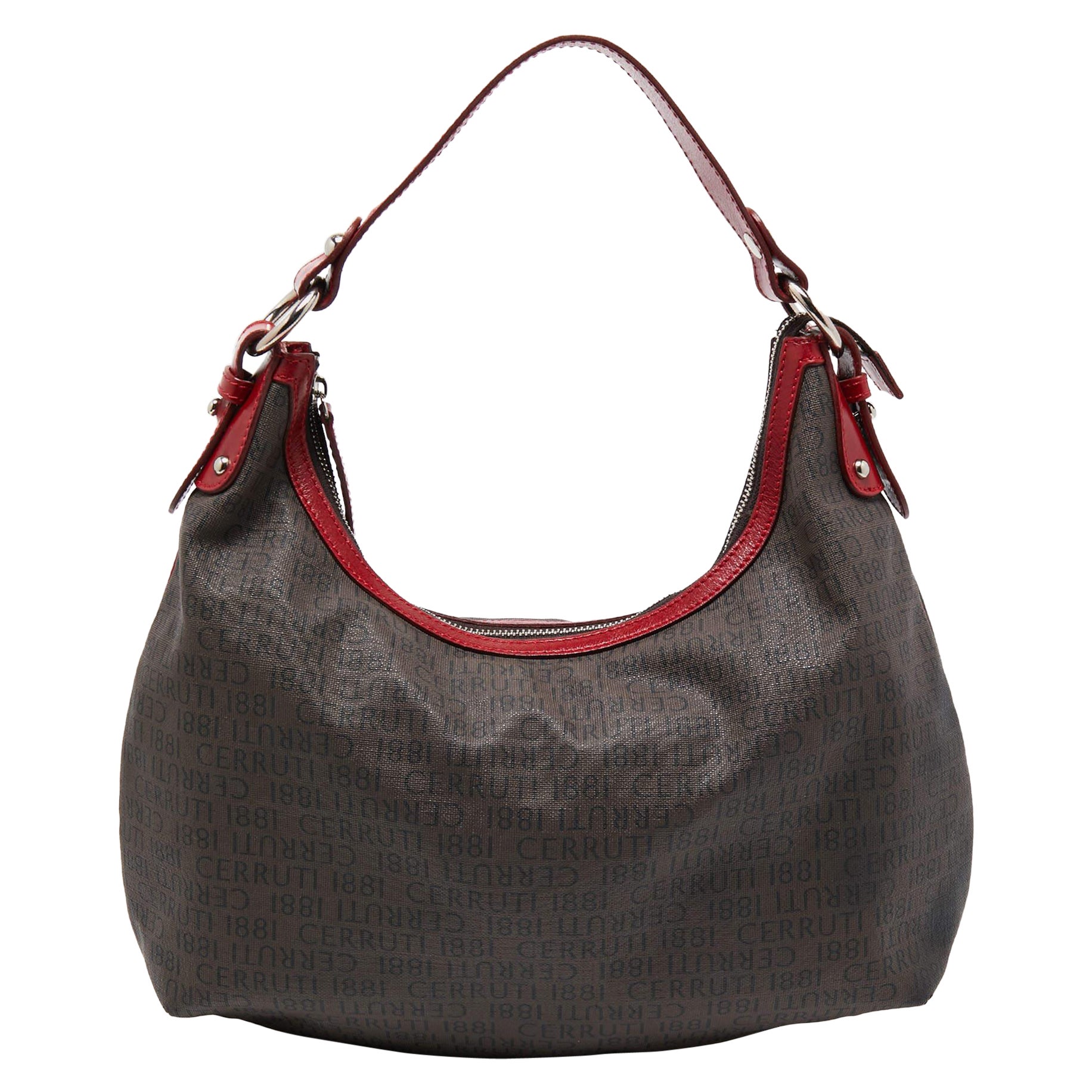 Cerruti Dark Brown/Red Monogram Coated Canvas and Leather Hobo For Sale ...