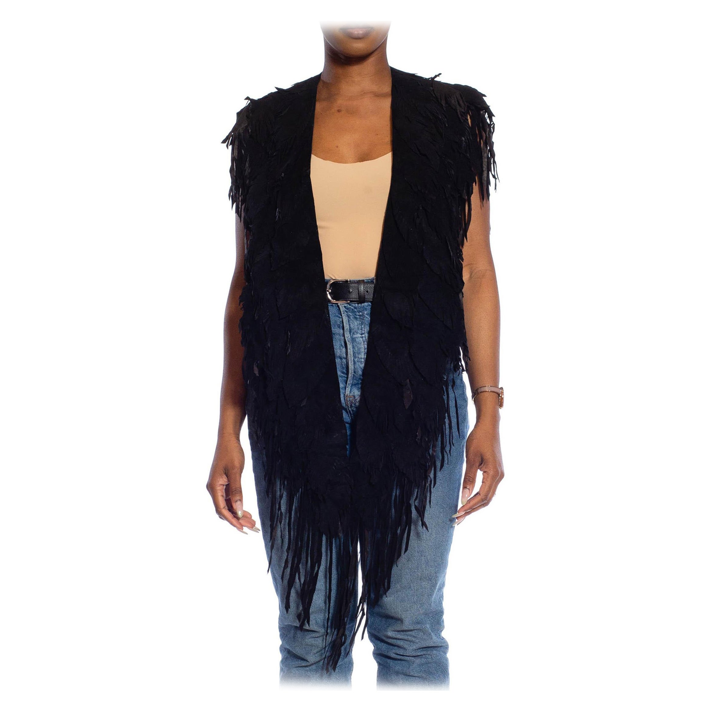 MORPHEW COLLECTION Raven Black Suede Fringe Feather Leather Long Cape ...