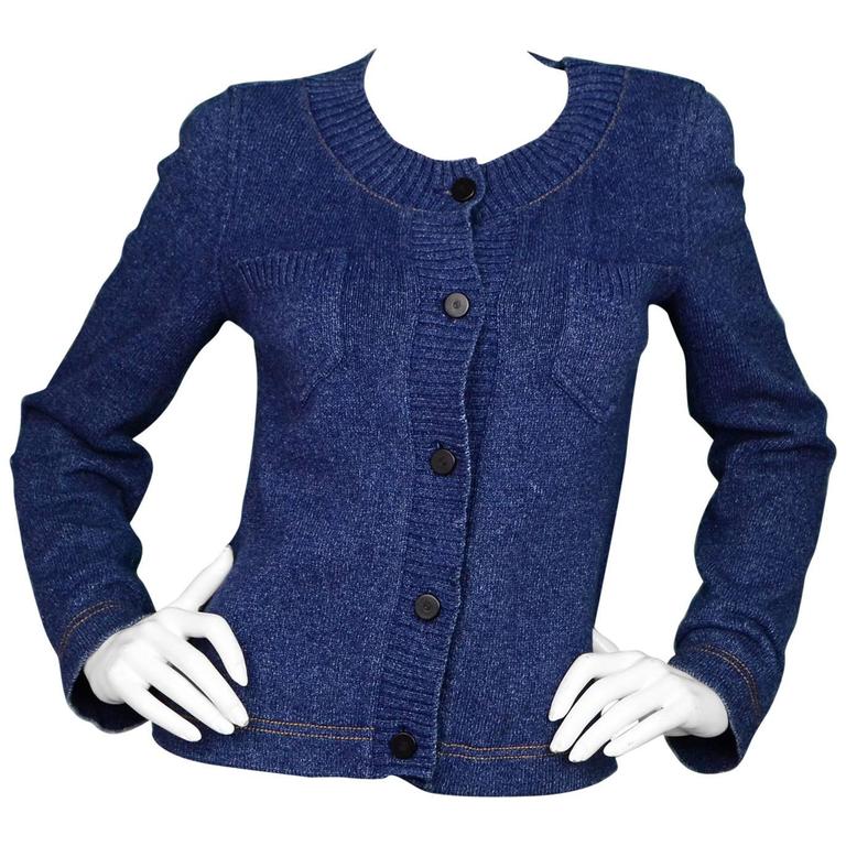 Chanel Blue Denim Look Knit Cardigan Sweater FR36 at 1stDibs