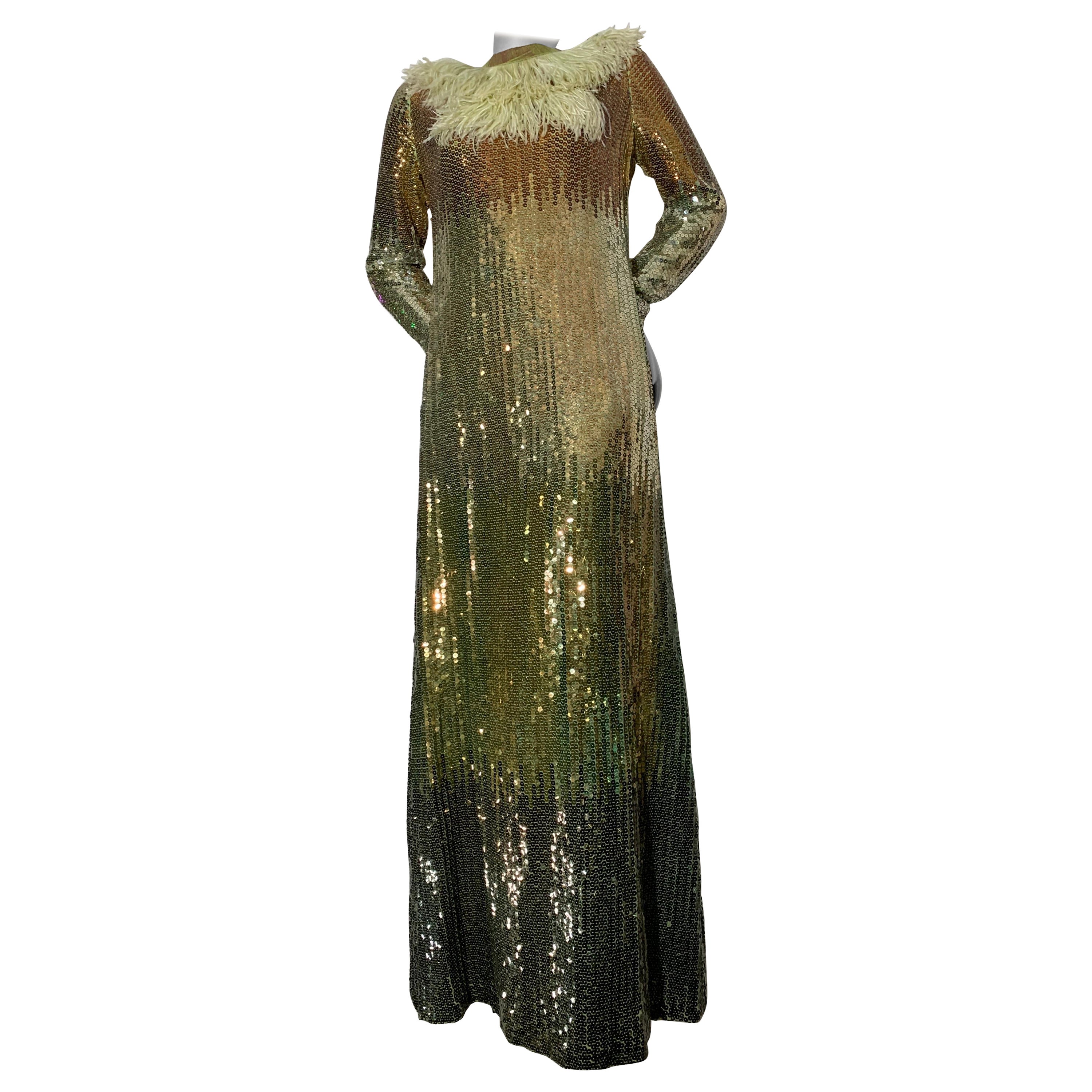 1970s Bill Blass Ombre Sequin Long Sleeved Maxi Gown W Ostrich Feather