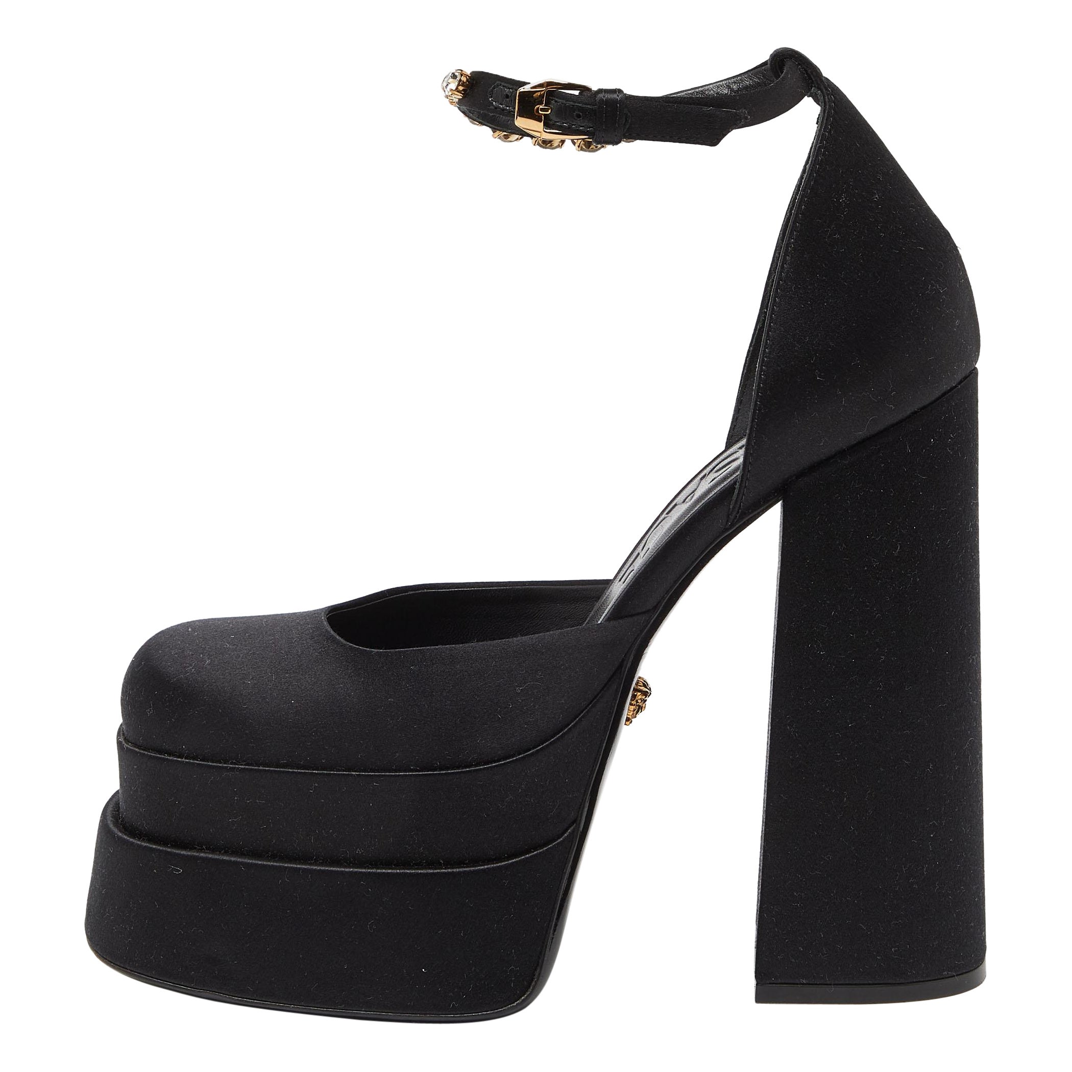 Versace Black Satin La Medusa Crystal Ankle Strap Block Heel Pumps Size ...
