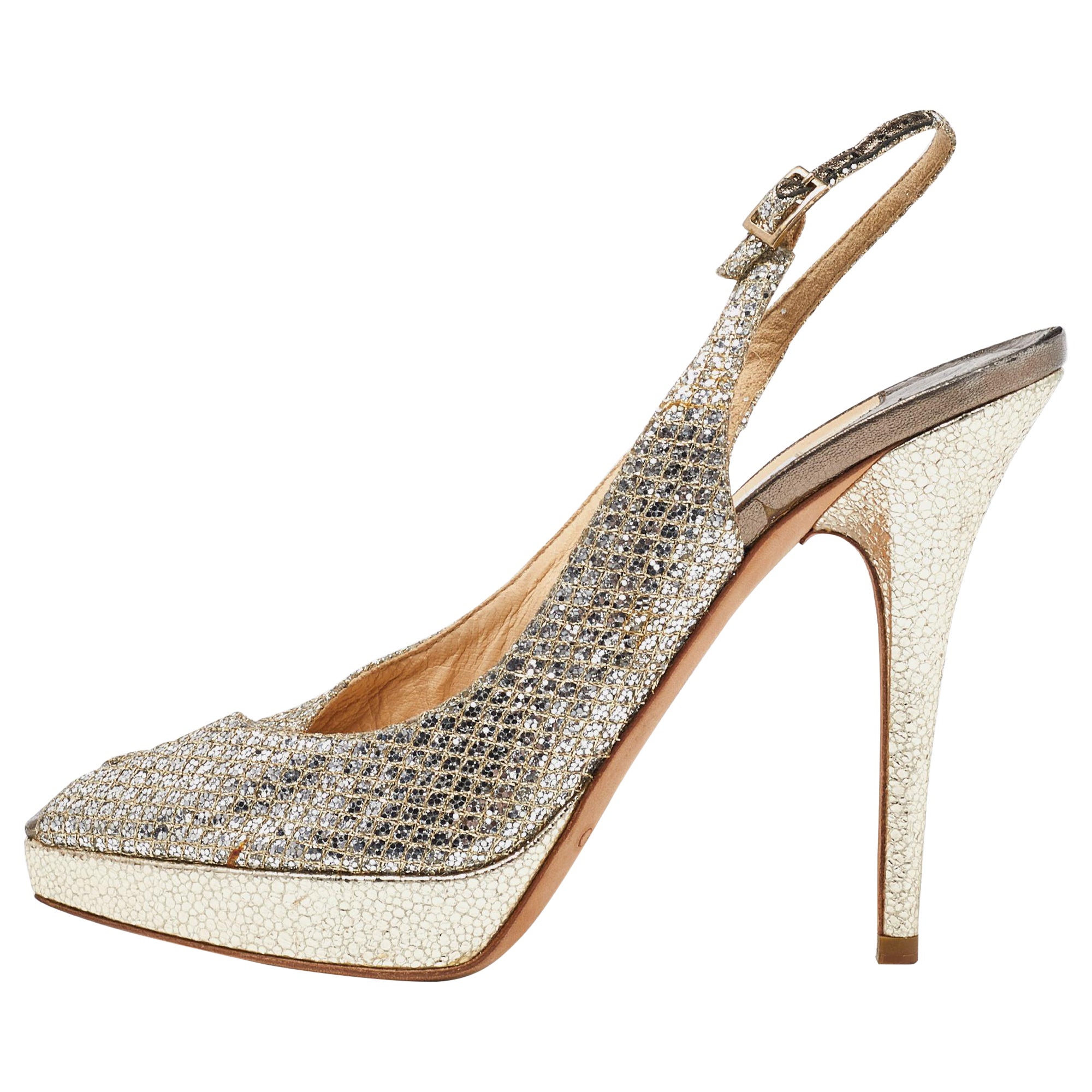 Jimmy Choo Gold Glitter and Lace Peep Toe Platform Ankle Strap Sandals ...