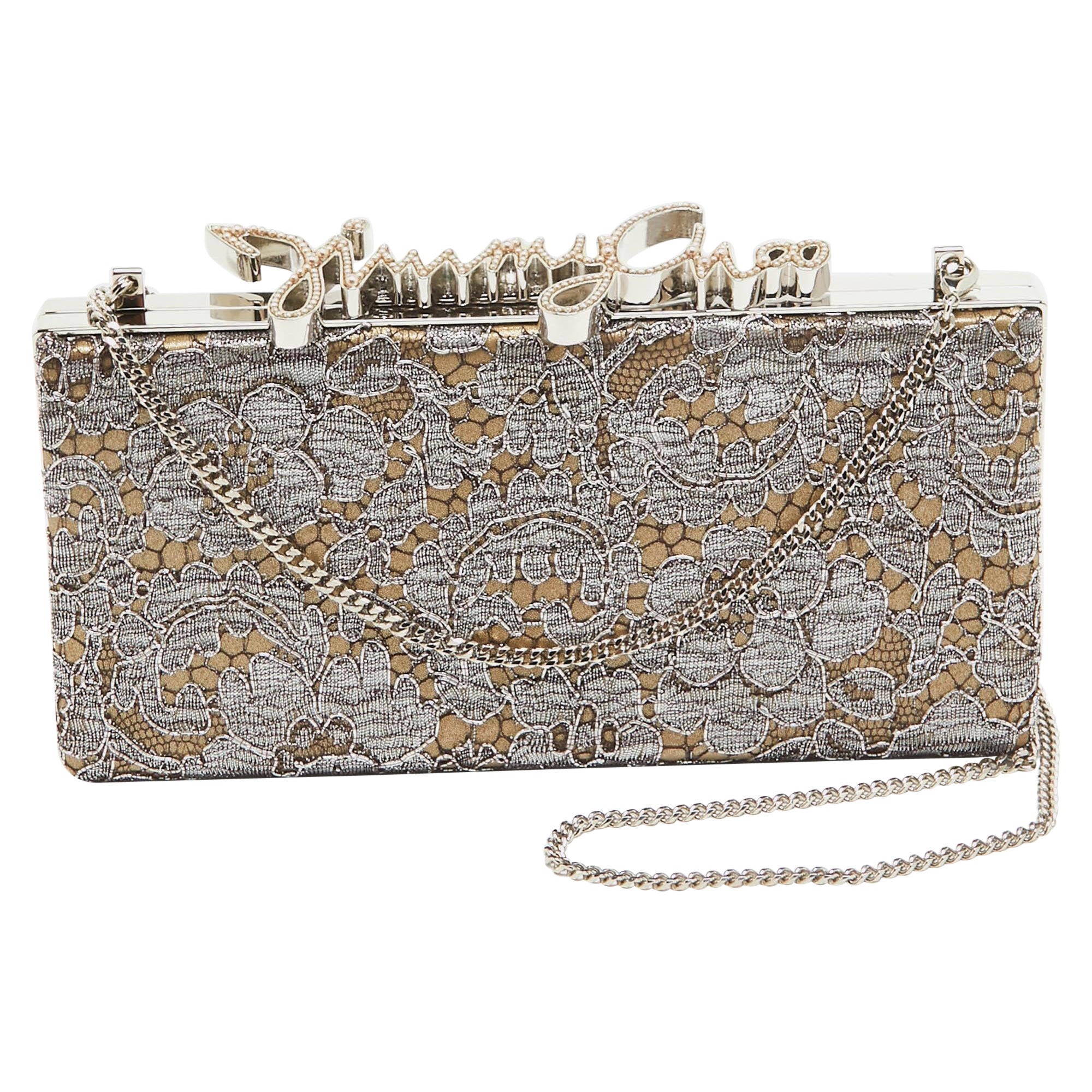 Jimmy Choo Metallic Lace Celeste Logo Chain Clutch For Sale at 1stDibs