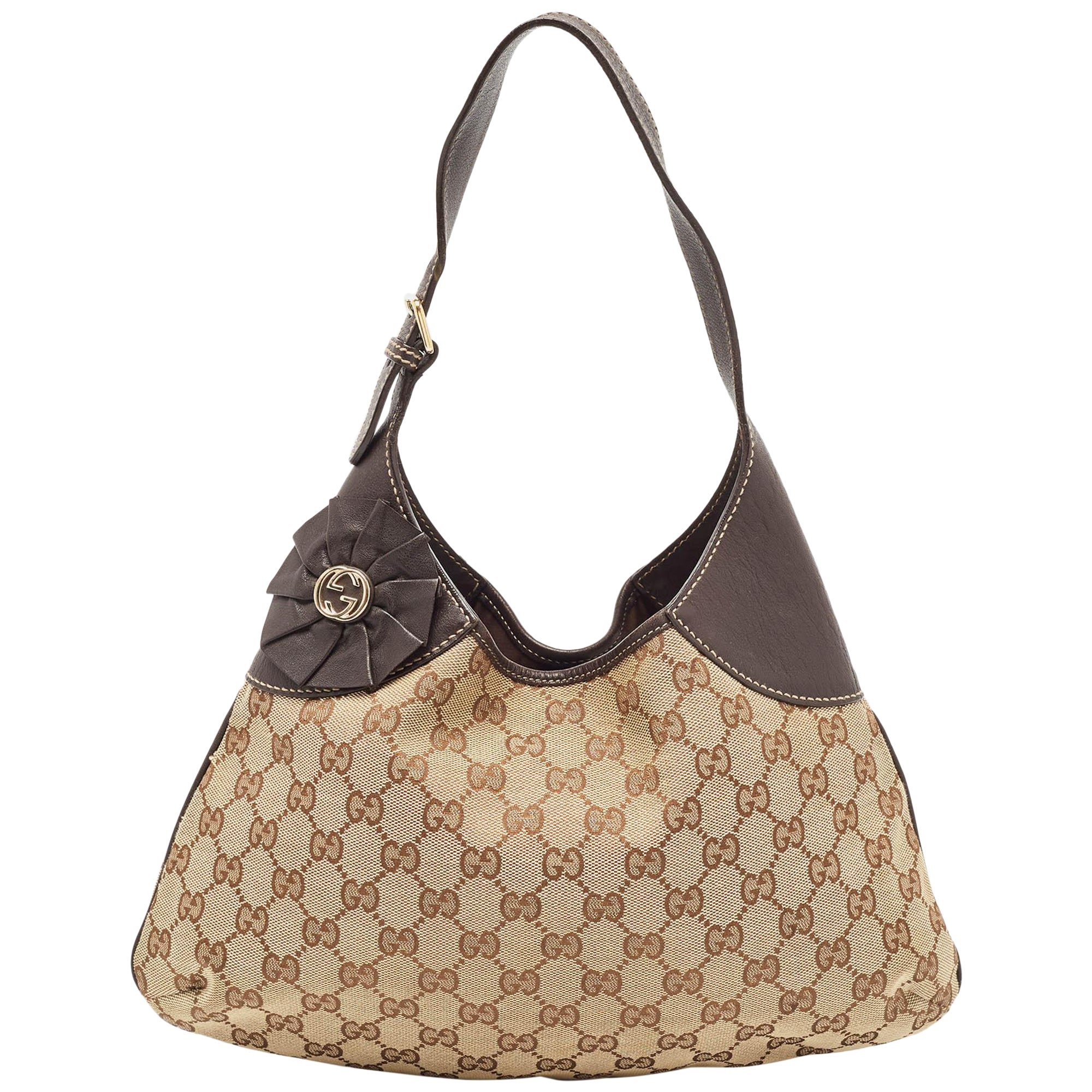 Gucci Choco Brown/Beige GG Canvas and Leather Hobo For Sale at 1stDibs