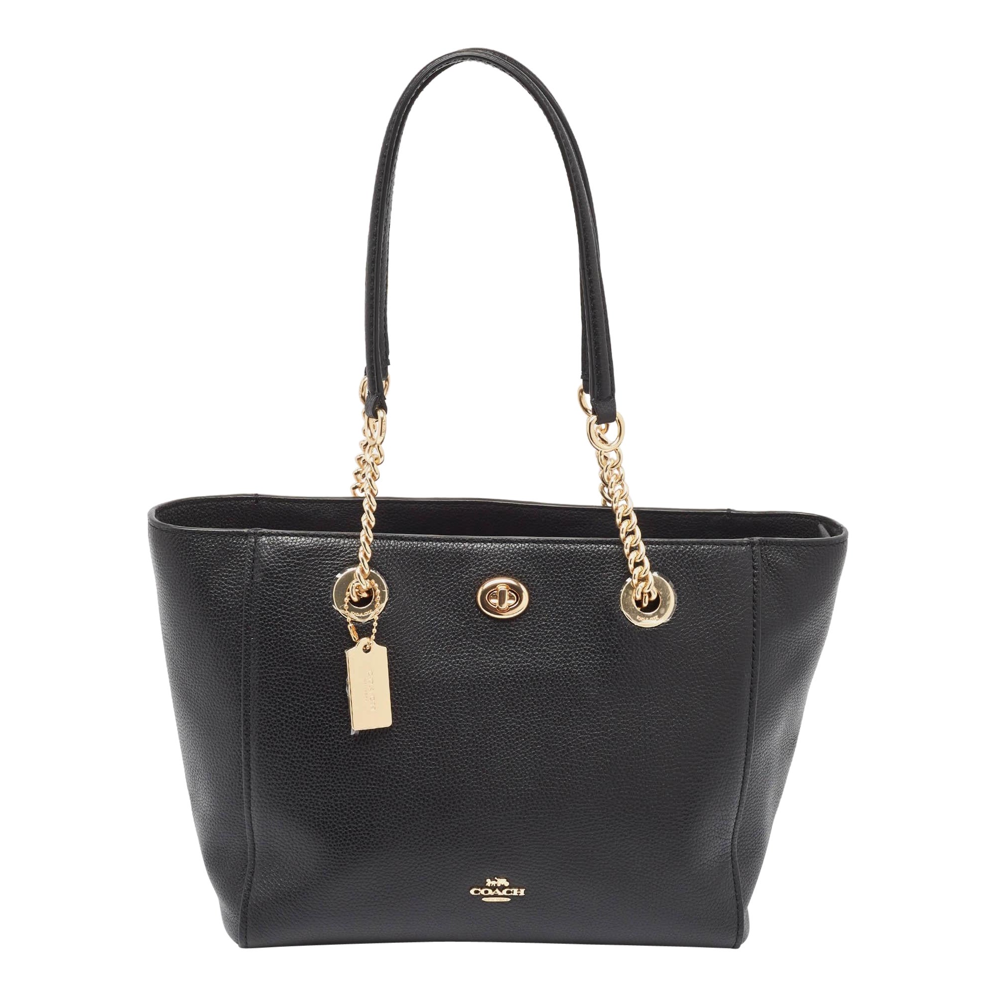 Coach Black Leather Turnlock Chain Tote For Sale at 1stDibs