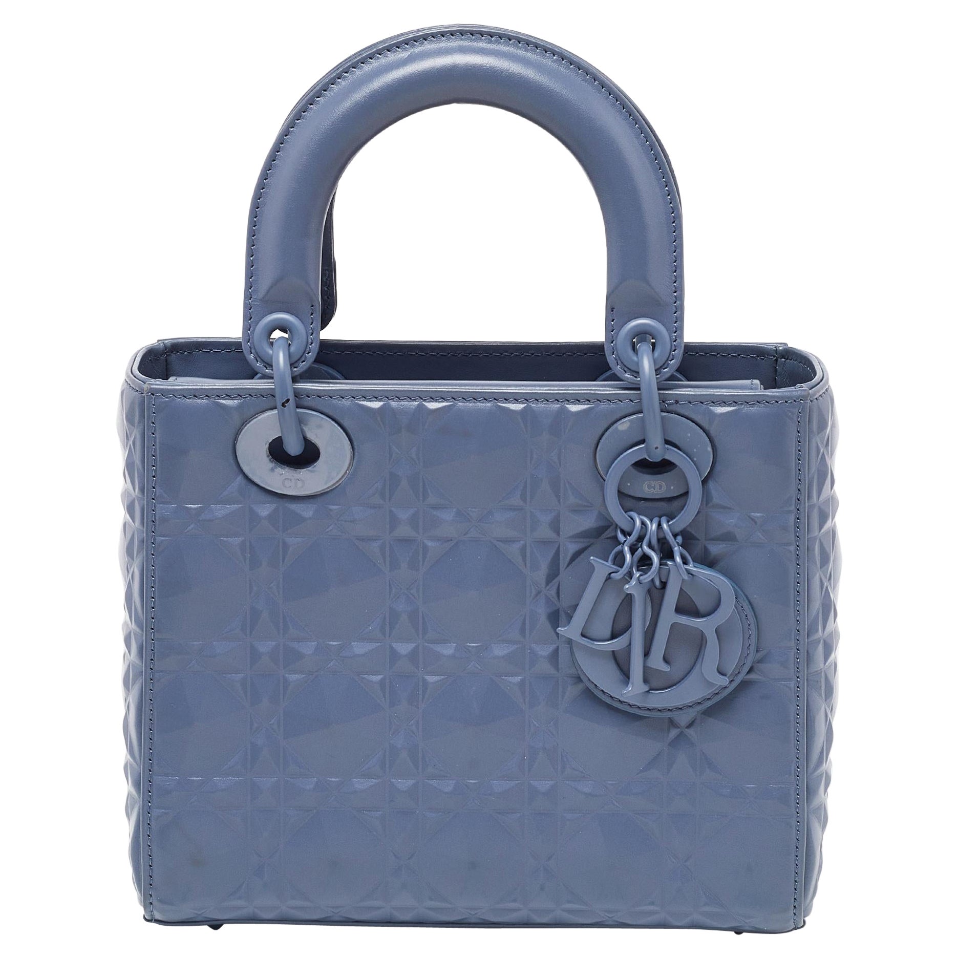 Dior Blue Diamond Cannage Leather Small Lady Dior Tote For Sale at 1stDibs