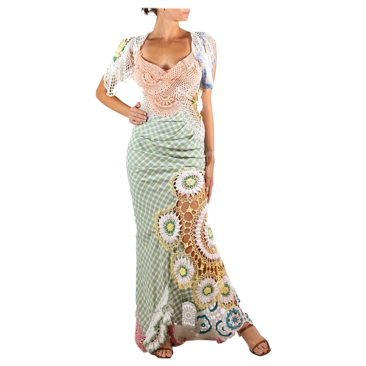 Morphew Atelier Mint Green Bias Cut Cotton Gingham and Crochet Lace Gown For Sale at 1stDibs