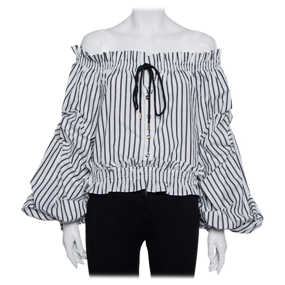 Caroline Constas White Striped Cotton Off Shoulder Ruffled Crop Top XS ...