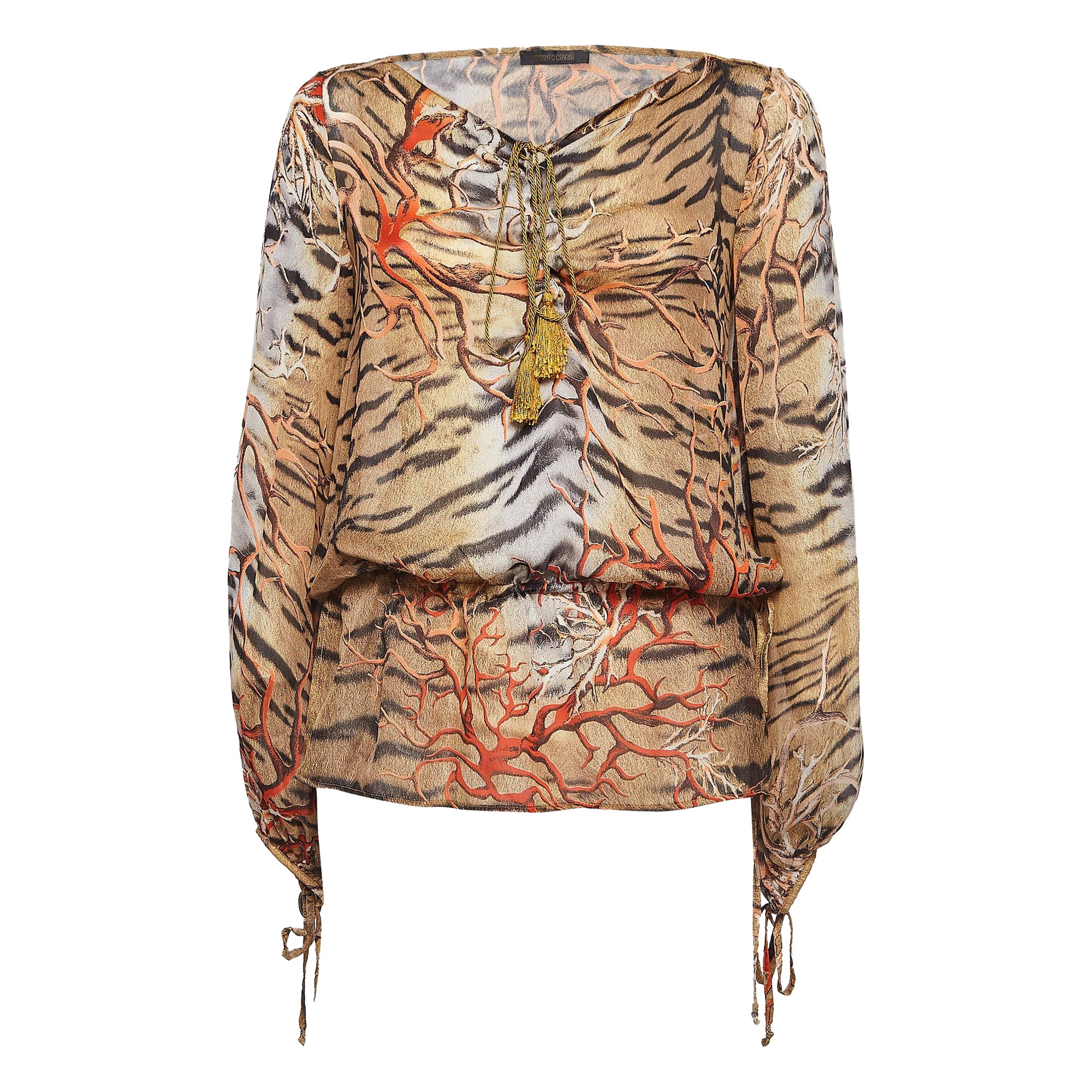 Roberto Cavalli Multicolor Animal Print Silk Lace Up Semi Sheer Blouse ...