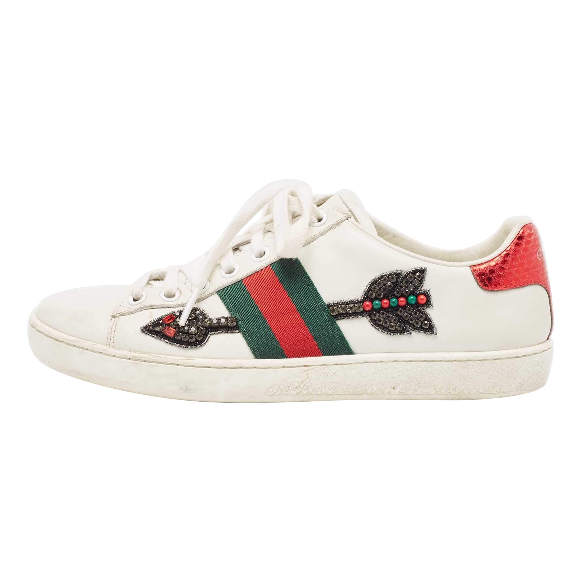 Gucci White Leather Ace Web Arrow Embellished Low Top Sneakers Size 36 ...