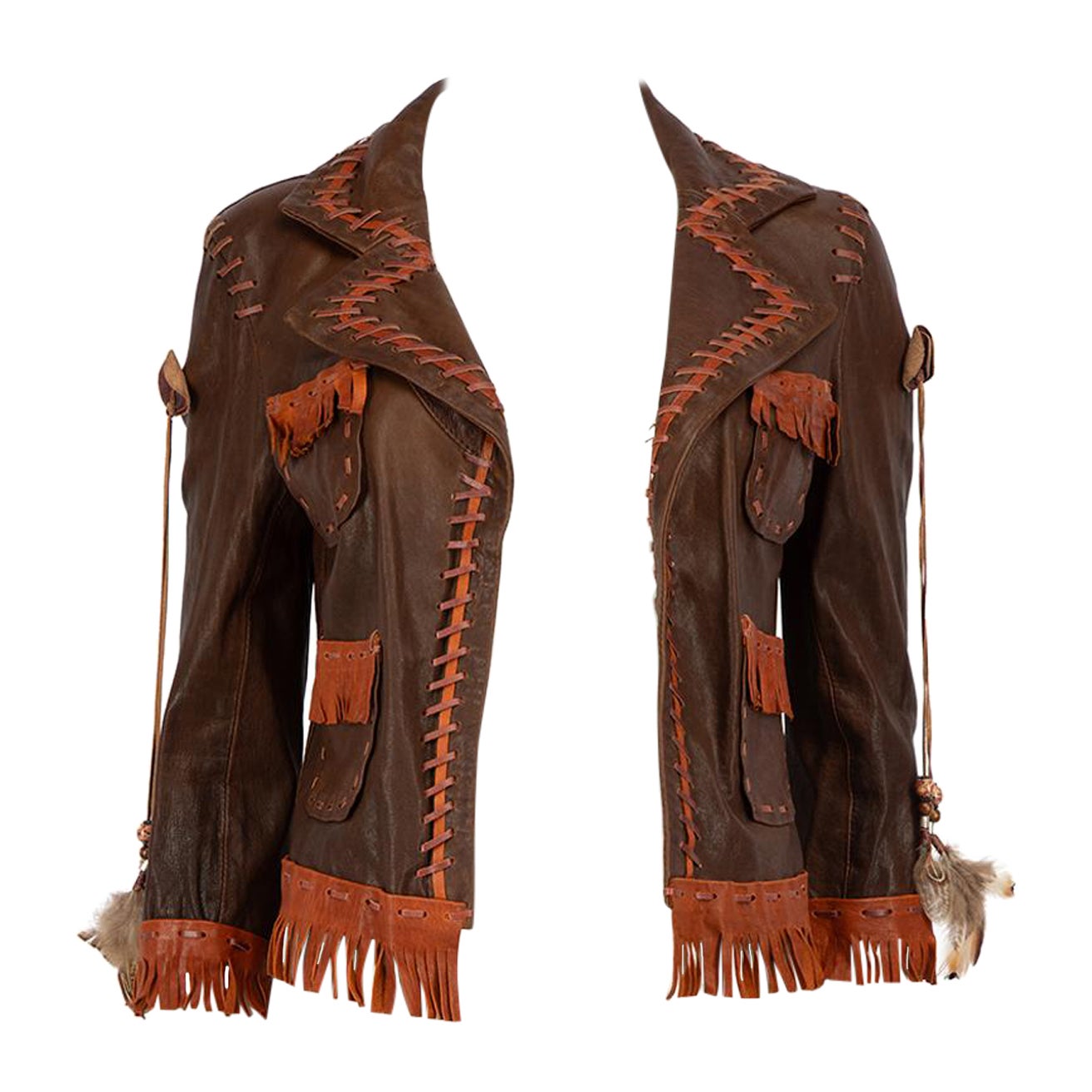 Dsquared2 Brown Leather Fringed Feather Jacket Size M For Sale at 1stDibs