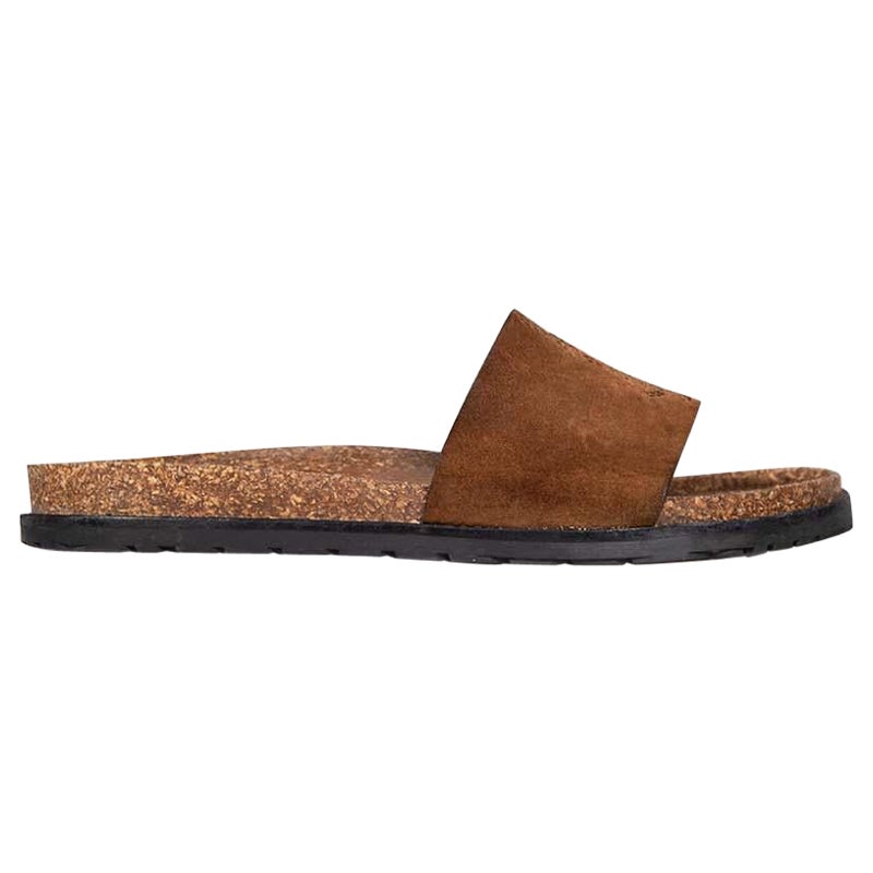 Saint Laurent Brown Suede Logo Embroidered Slides Size IT 38 For Sale ...