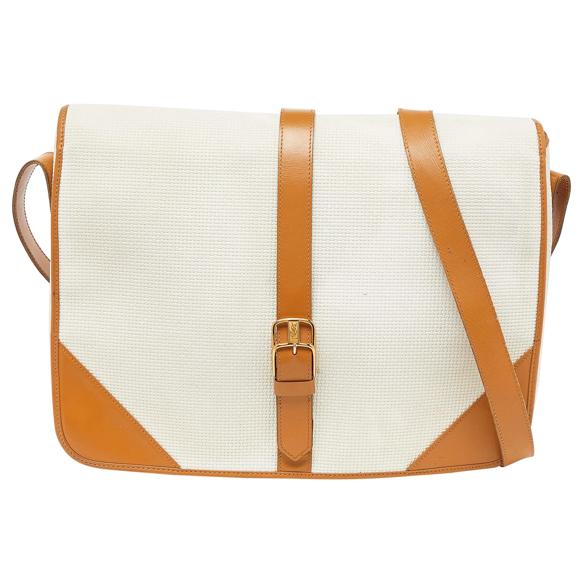 Yves Saint Laurent Off White/Tan Canvas and Leather Vintage Shoulder ...