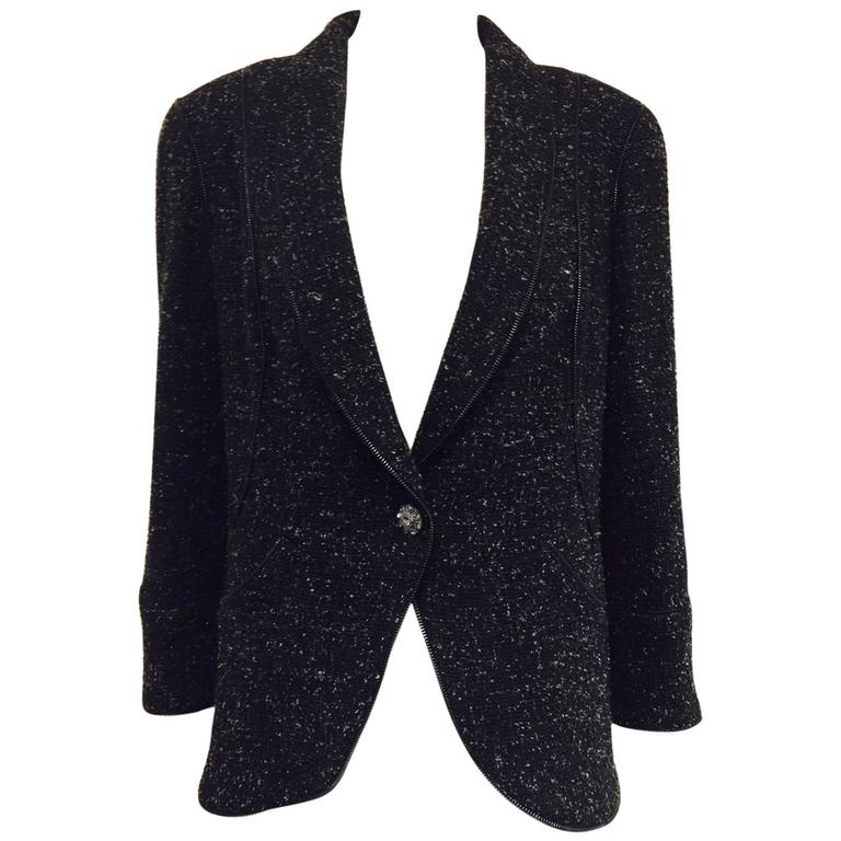 Chanel Black and White Tweed Cutaway Jacket W Zipper Piping and Trim ...