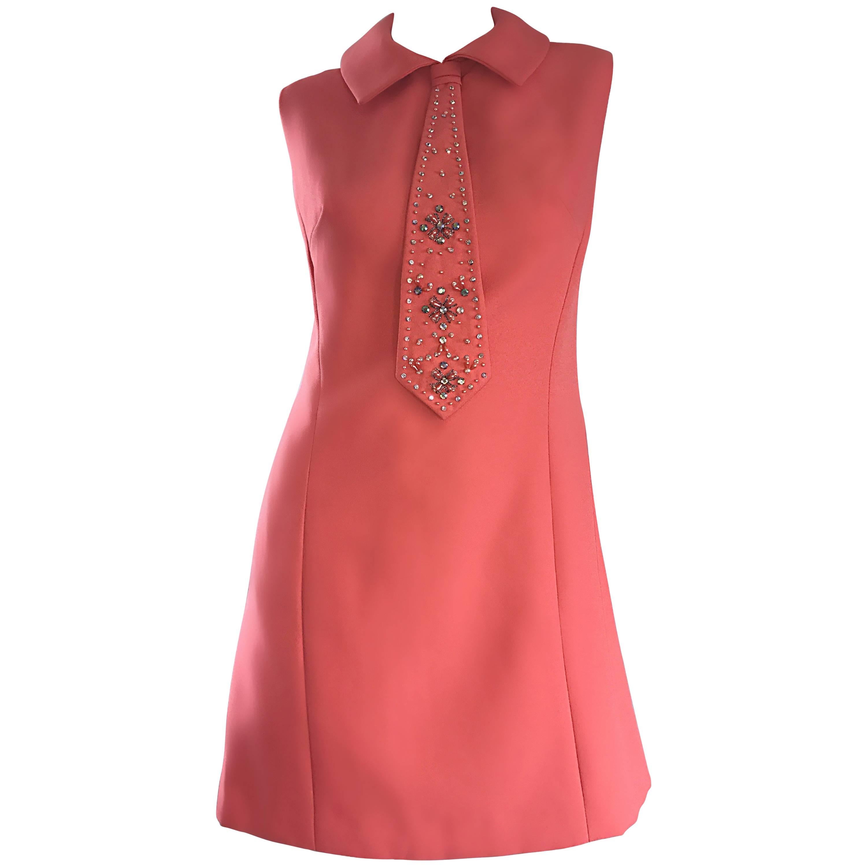 Chic 1960s Coral Salmon Pink Beaded Necktie Vintage A - Line 60s Shift ...