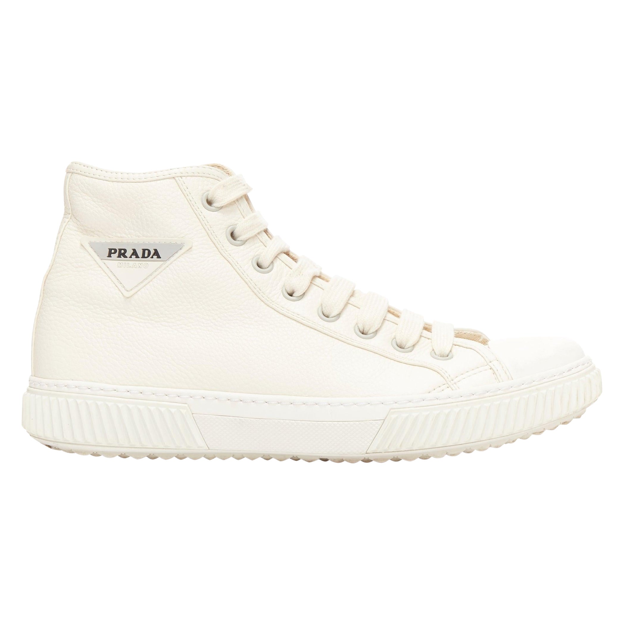 PRADA white textured leather black triangle logo high top sneakers UK7 ...