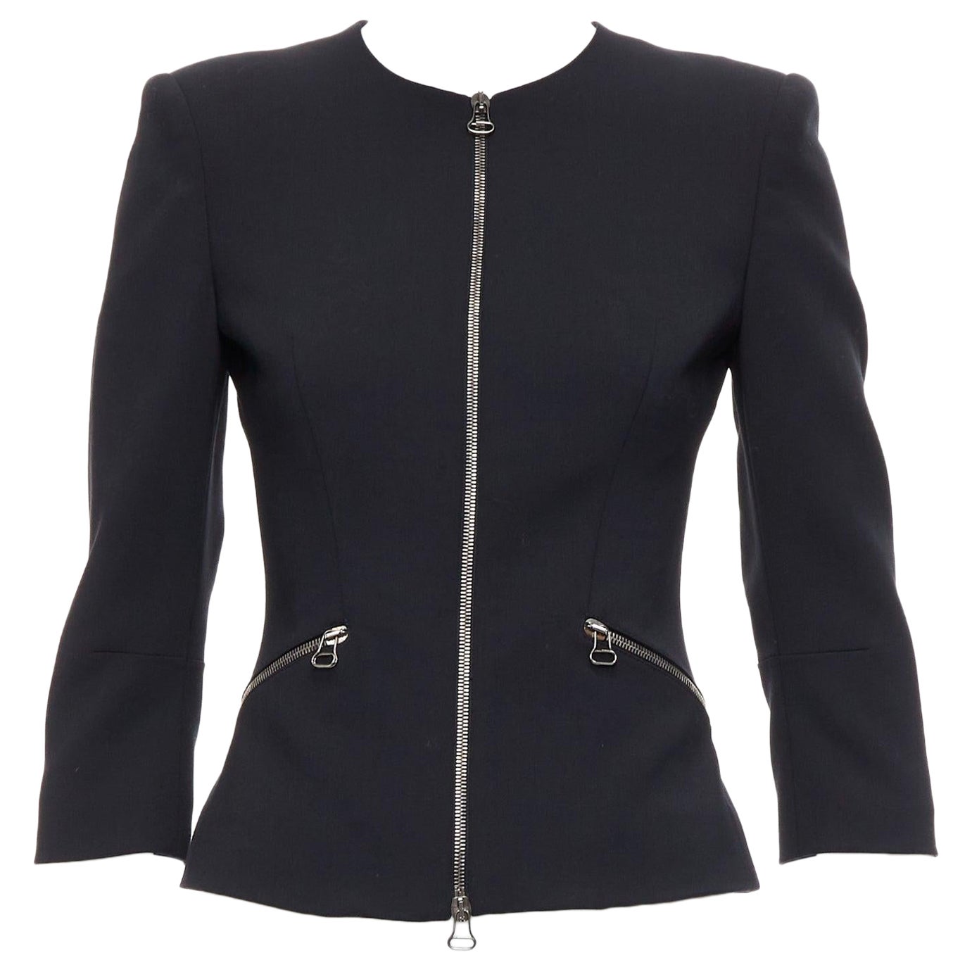 PIERRE BALMAIN black virgin wool blend silver zip front shoulder jacket ...