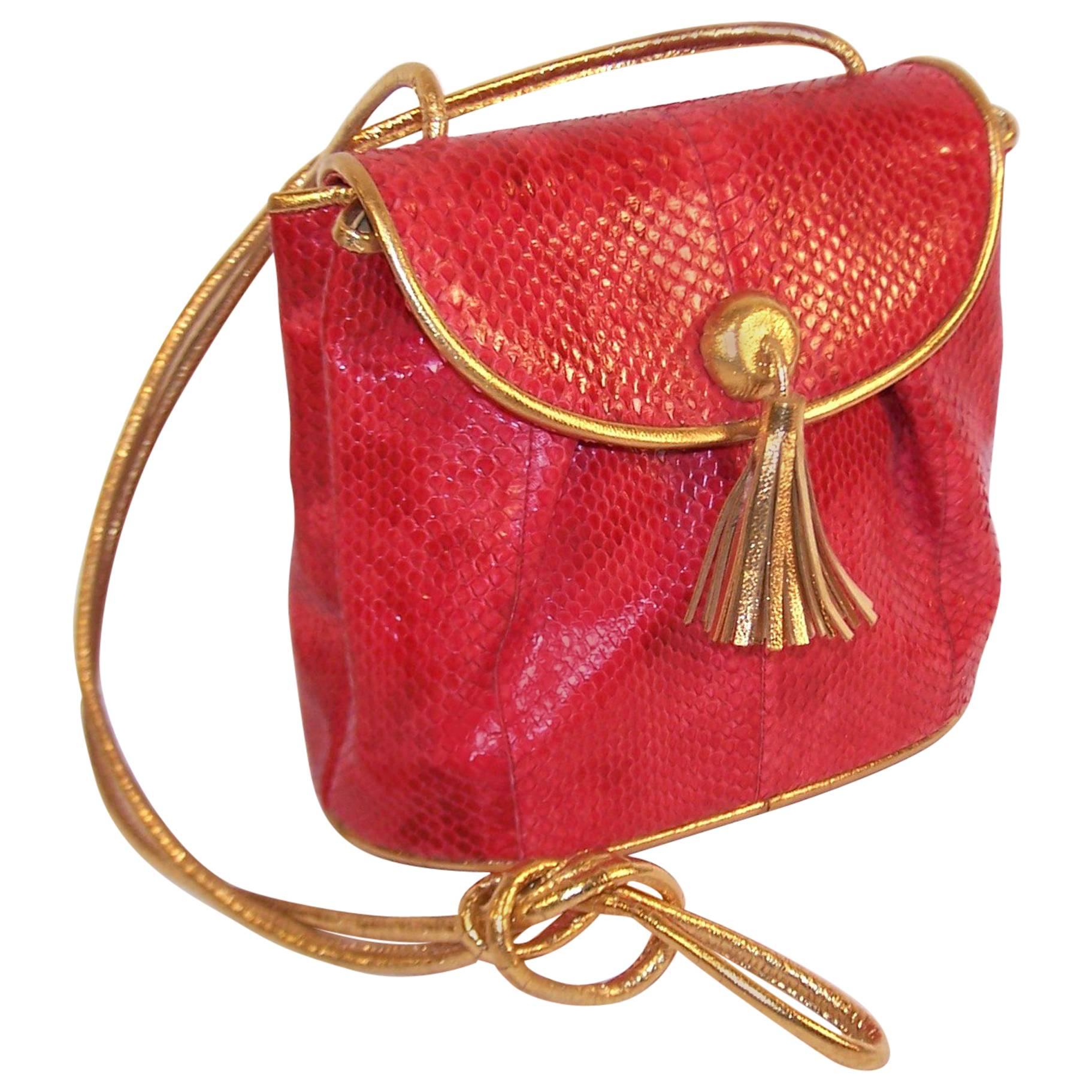 C.1990 Barbara Bolan Lipstick Red Snakeskin Shoulder Strap Handbag at ...