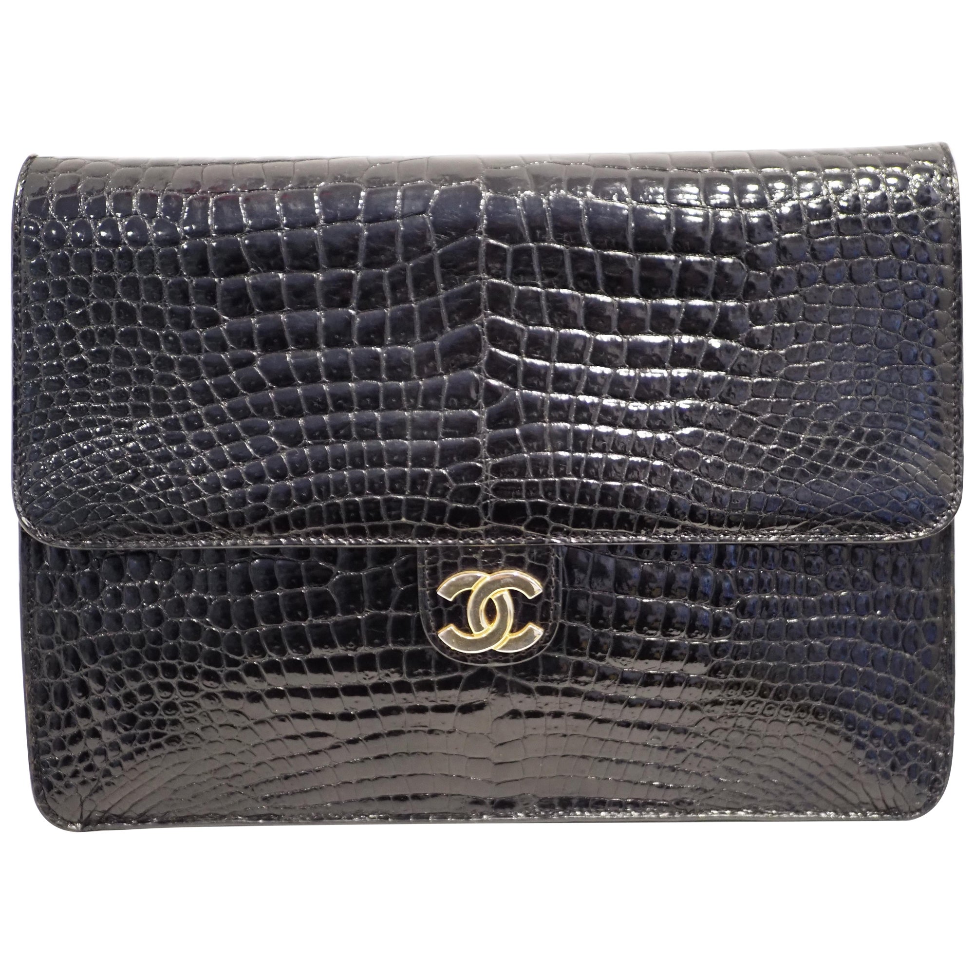 Chanel black croco shoulder bag For Sale at 1stDibs