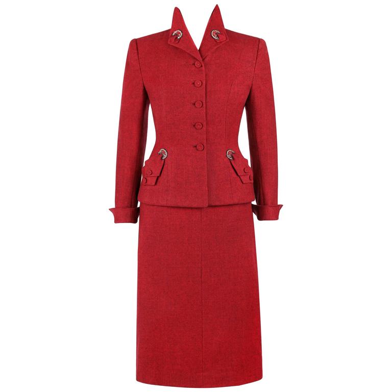 STYLED BY VENNE c.1940's 2 Piece Ruby Red Wool Embellished Blazer Skirt Suit at 1stDibs | red ...