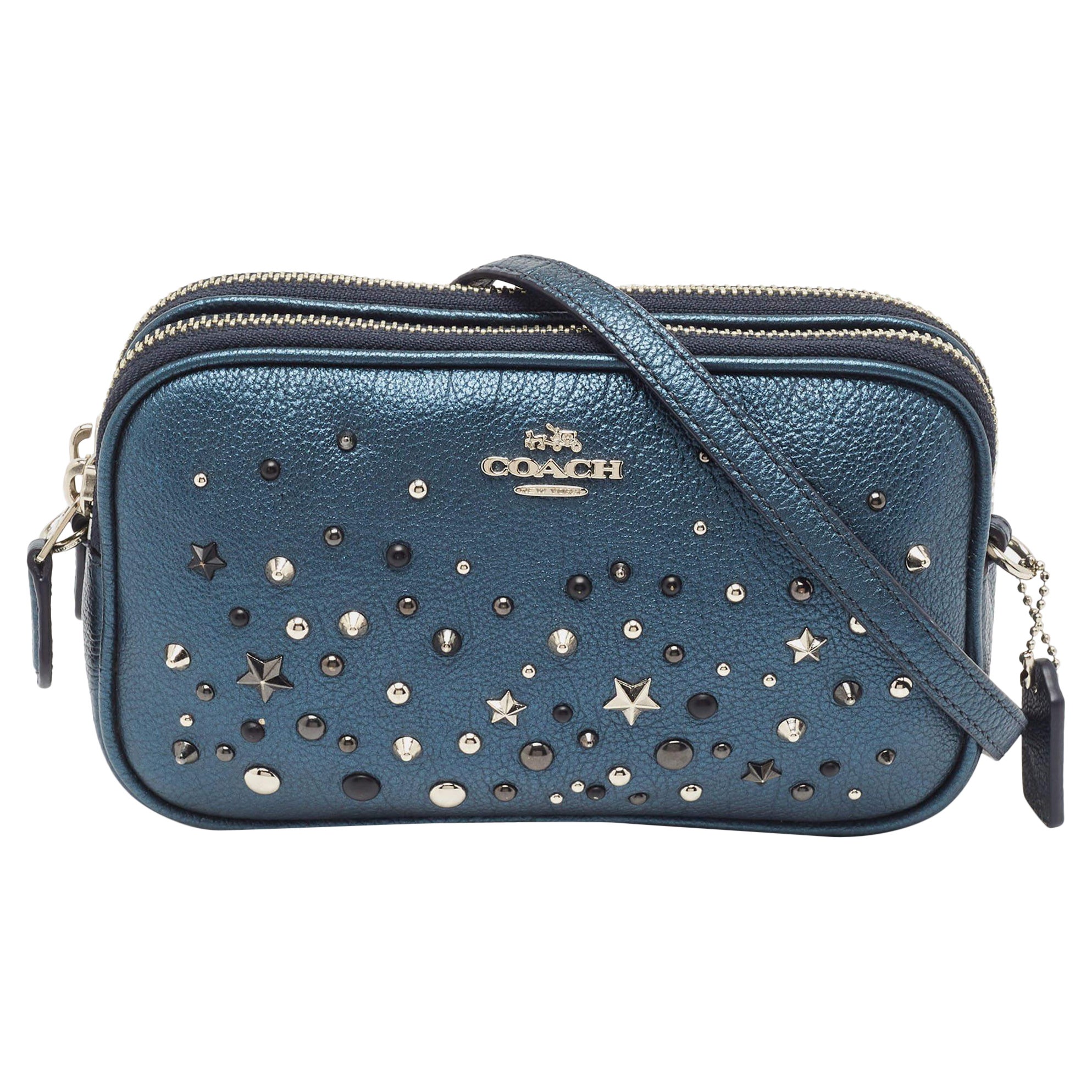 Coach Metallic Blue Leather Studded Double Zip Crossbody Bag For Sale ...