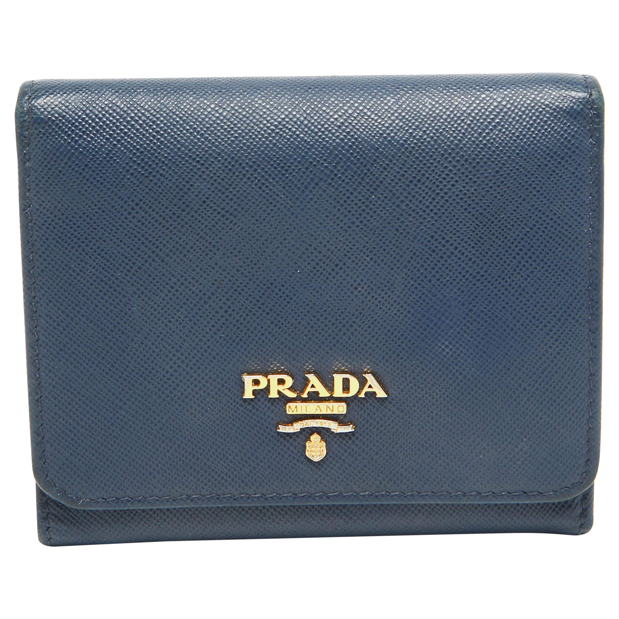 Prada Blue Saffiano Leather Trifold Wallet For Sale at 1stDibs