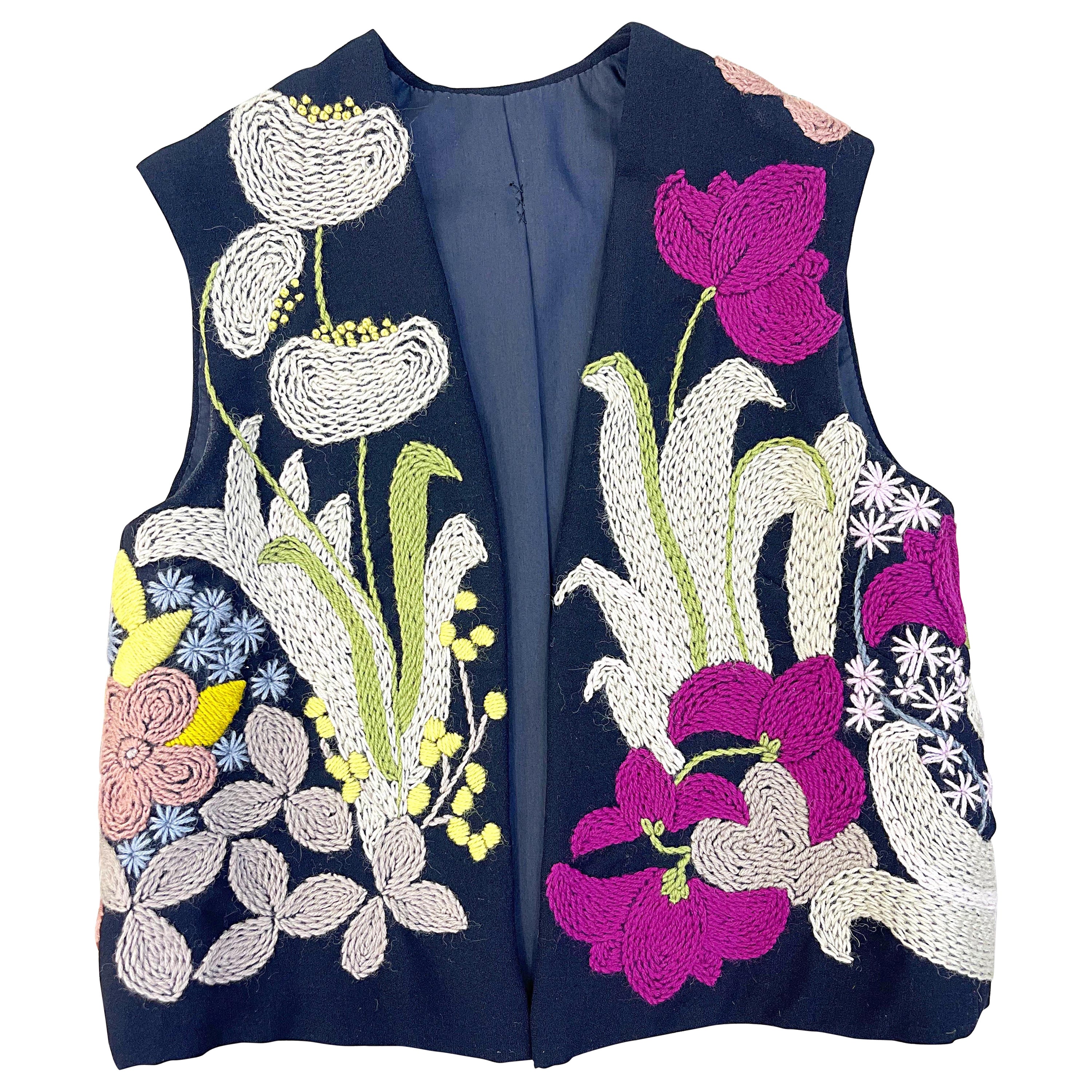 1960s Embroidered Colorful Flowers Mod Black Vintage 60s Cropped Vest ...