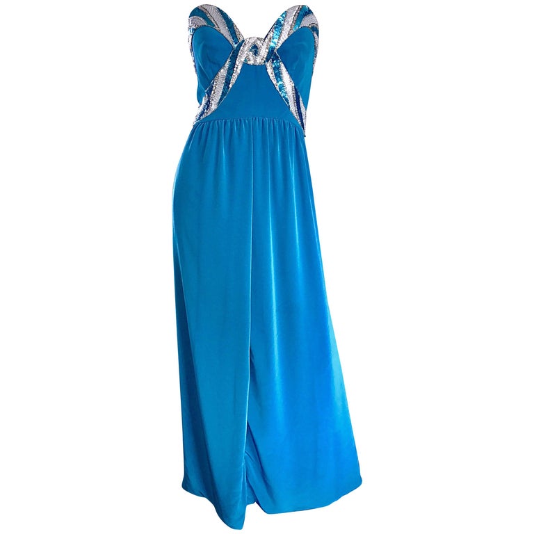 Bob Mackie Vintage Turquoise Teal Blue Sequin Sz 4 Strapless Gown Evening Dress For Sale at ...