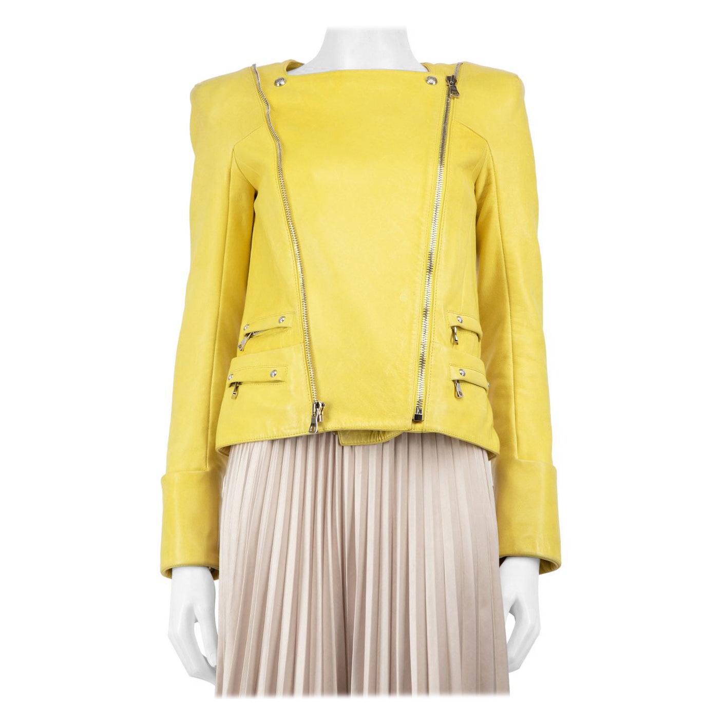 Balmain Yellow Leather Biker Jacket Size M For Sale at 1stDibs