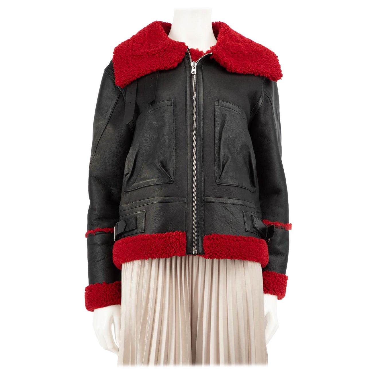 Sandro Black Leather Red Shearling Lined Jacket Size L For Sale at 1stDibs
